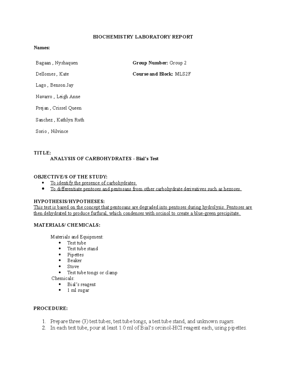 Analysis of Carbohydrate Bials TEST - BIOCHEMISTRY LABORATORY REPORT ...