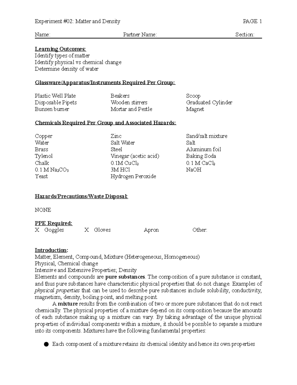 02 Lab CHM 1200 Lab Matter and Density - Name: Partner Name: Section: Learning Outcomes ...