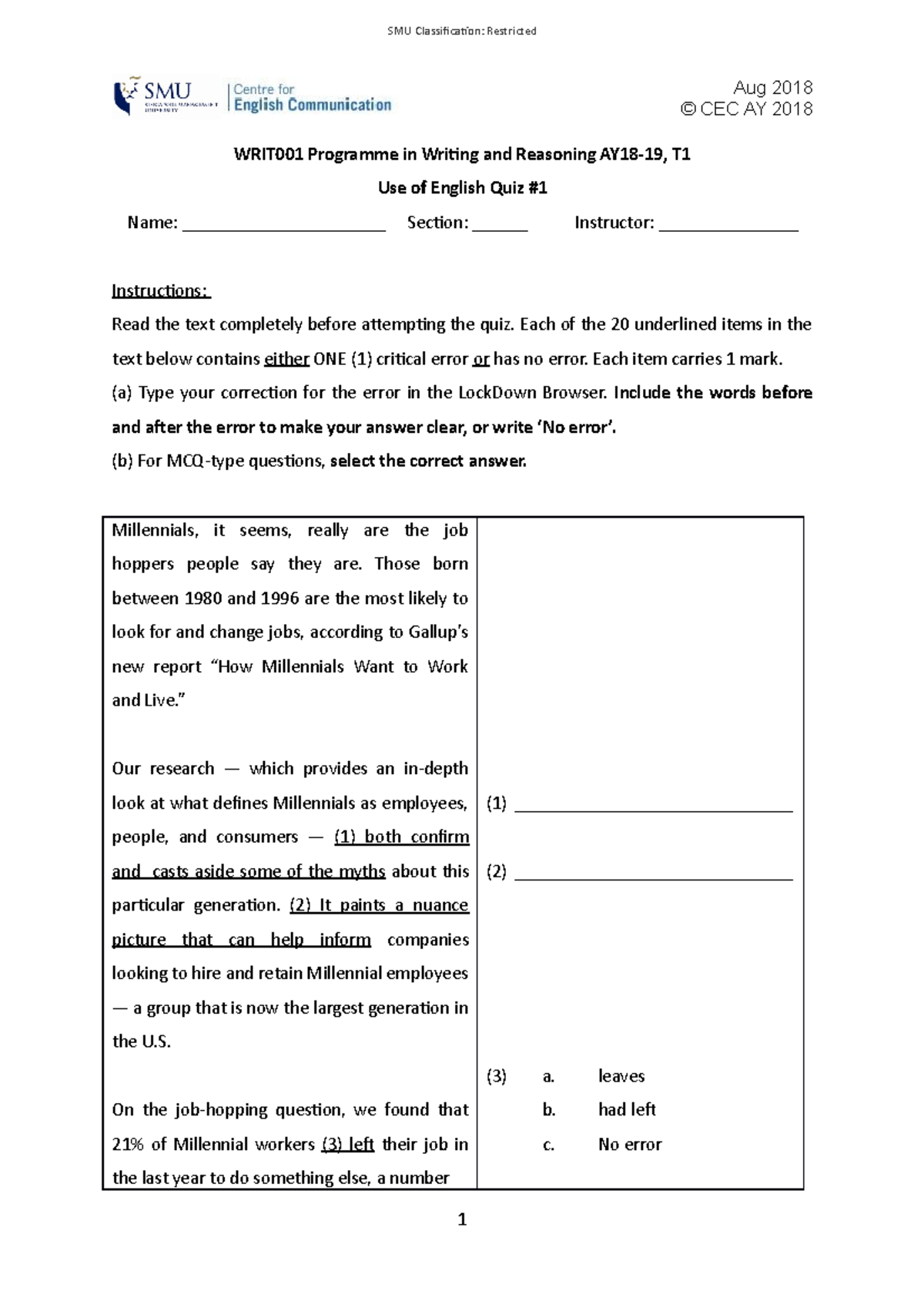 AY2018 22 Oct question paper with answer key - Aug 2018 © CEC AY 2018 ...