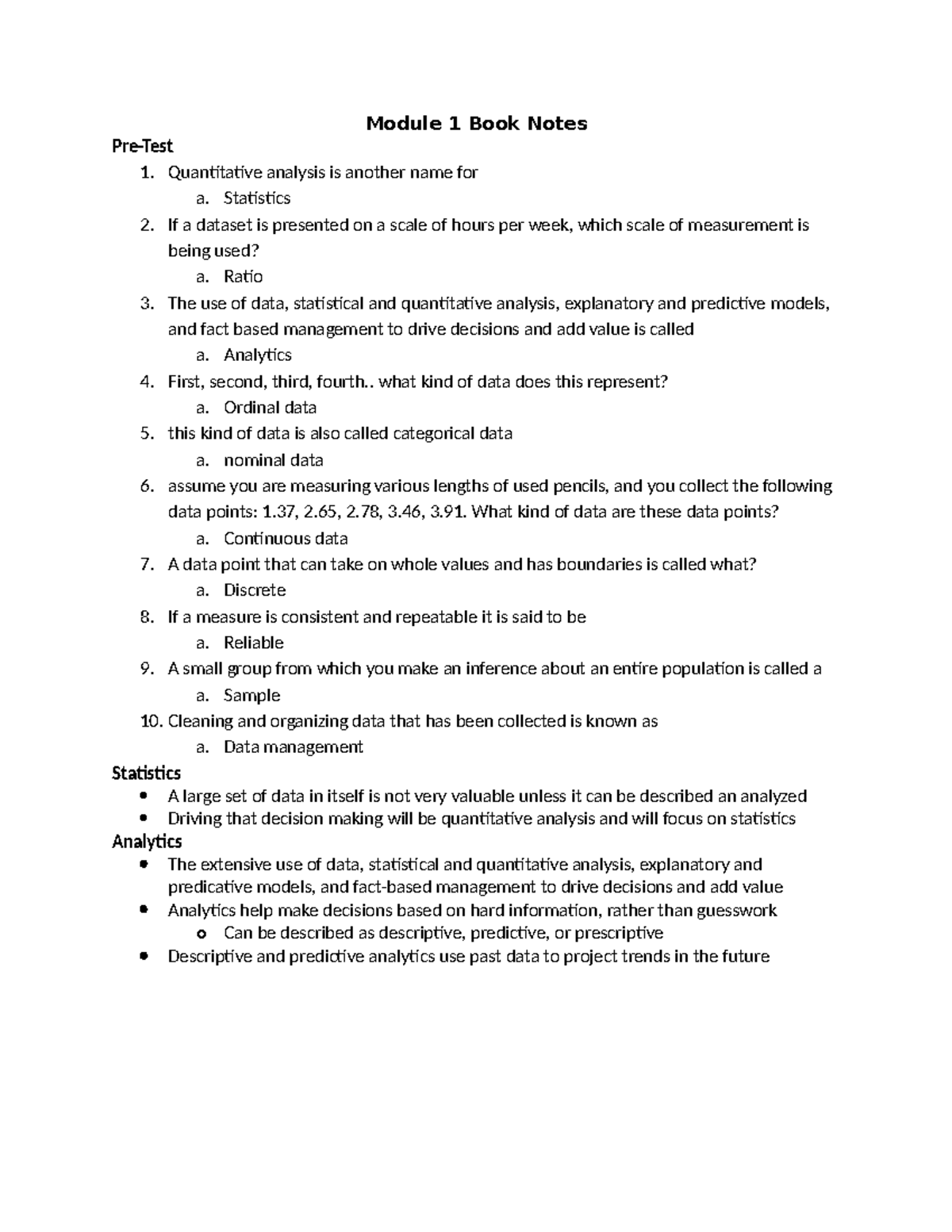 Module 1 Book Notes - Module 1 Book Notes Pre-Test Quantitative ...