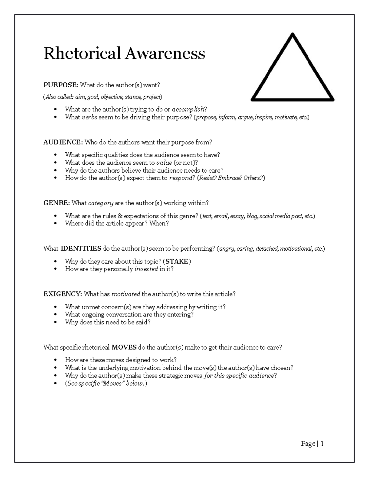 Rhetorical Awareness Handout - Rhetorical Awareness PURPOSE: What do ...