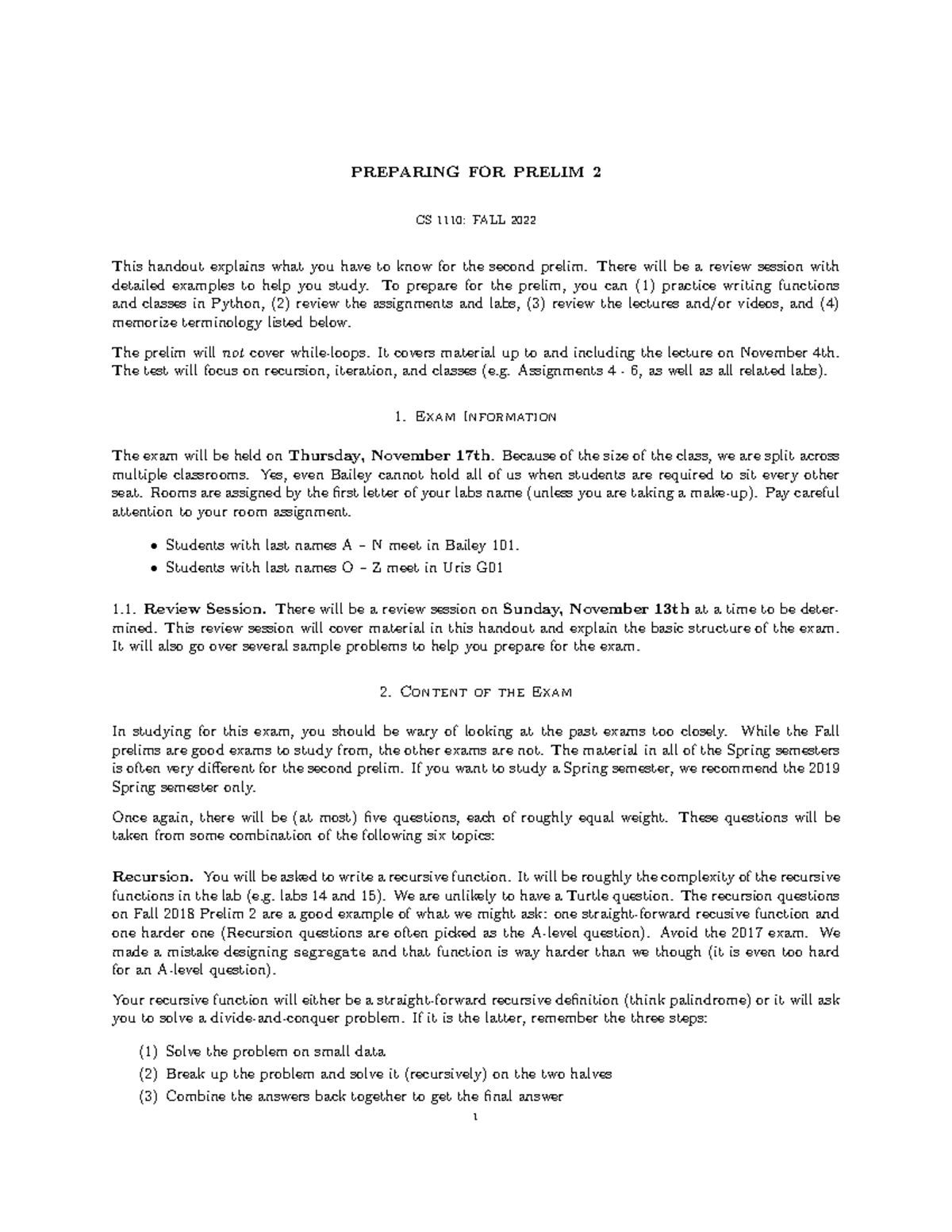 Prelim 2-study-guide - PREPARING FOR PRELIM 2 CS 1110: FALL 2022 This ...