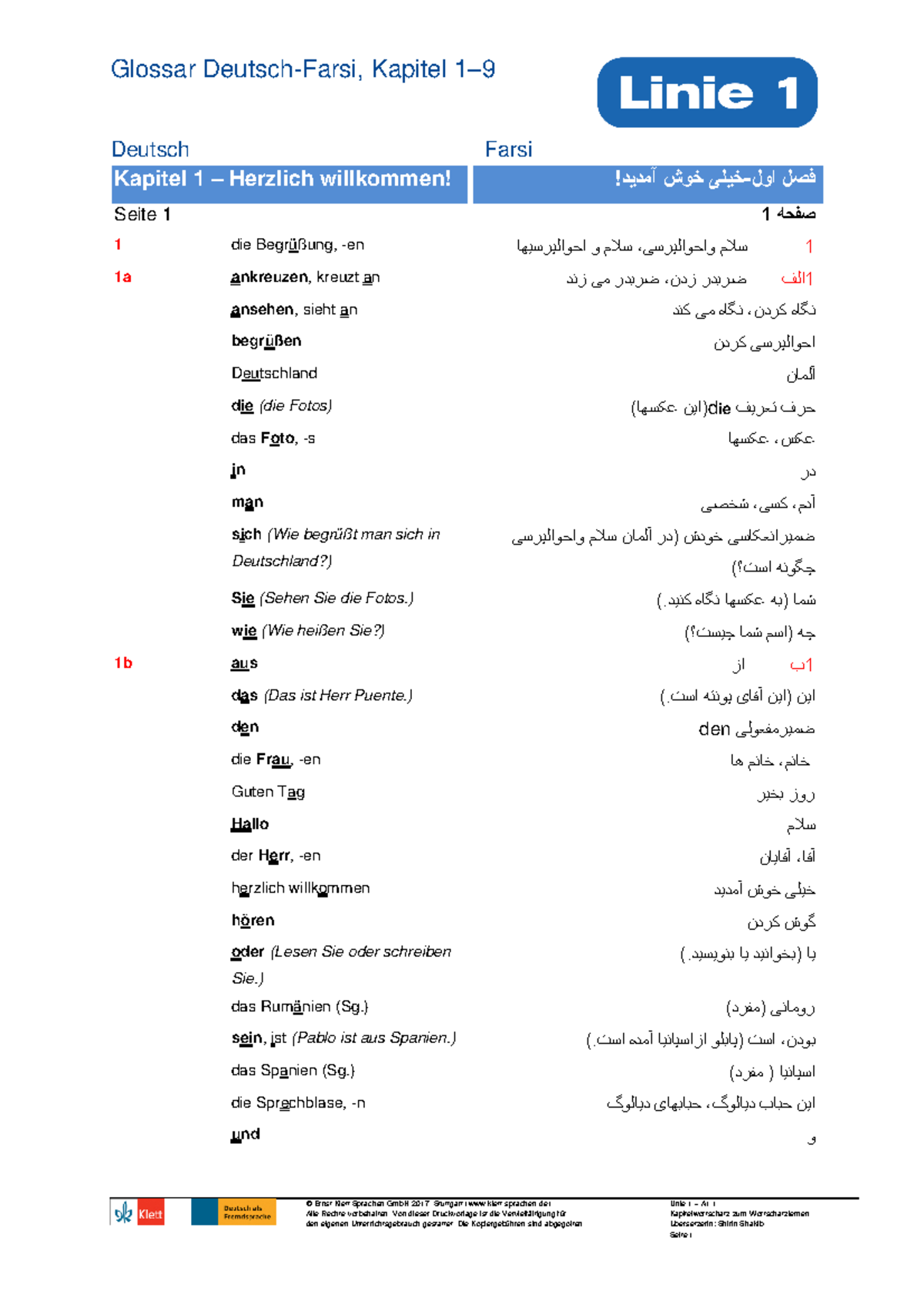 Linie 1 A1-1 Farsi - Word - Deutsch Farsi © Ernst Klett Sprachen GmbH 2017, Stuttgart | - Studocu