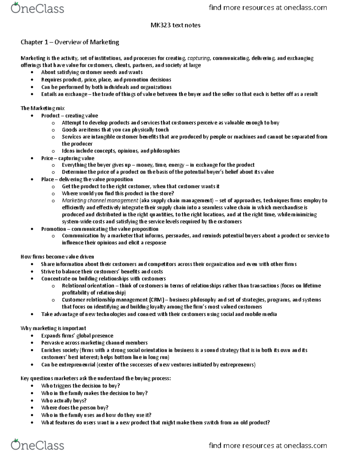 MK323-midterm study guide - MK323 text notes Chapter 1 – Overview of ...