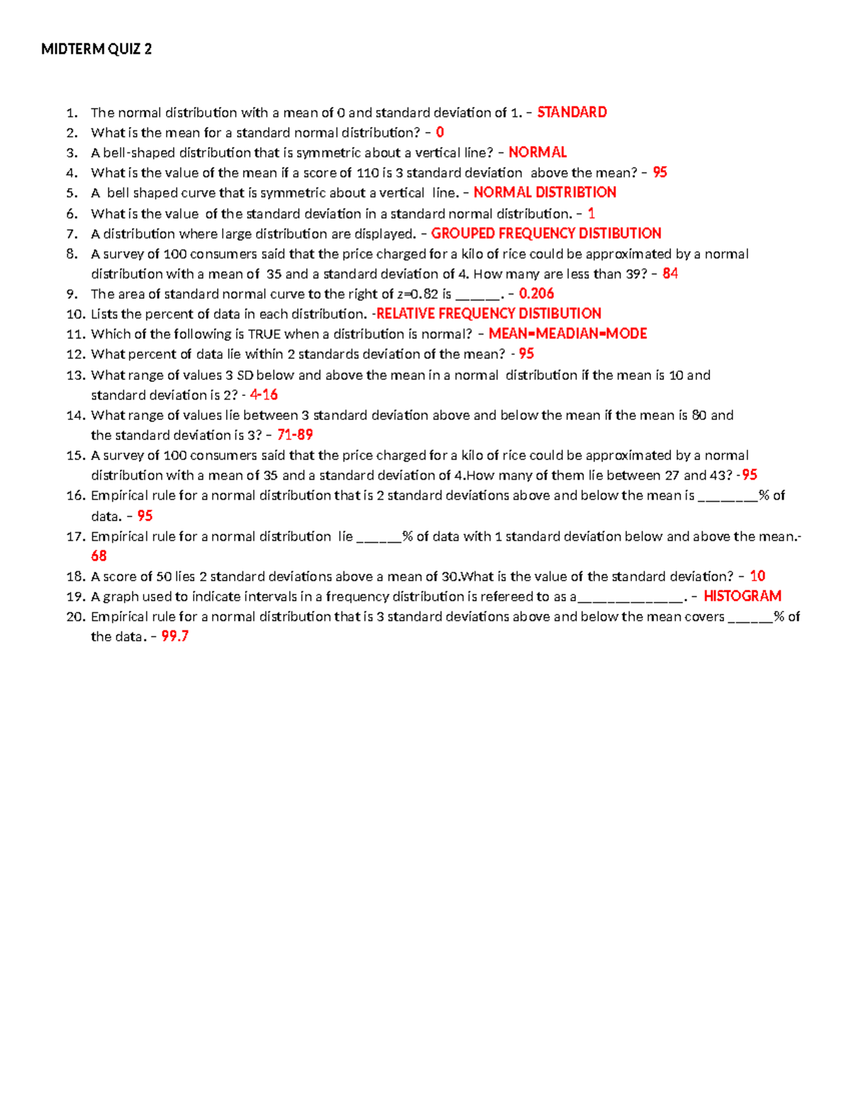 Midterm Quiz 2 Midterm Quiz 2 The Normal Distribution With A Mean Of 0 And Standard Deviation