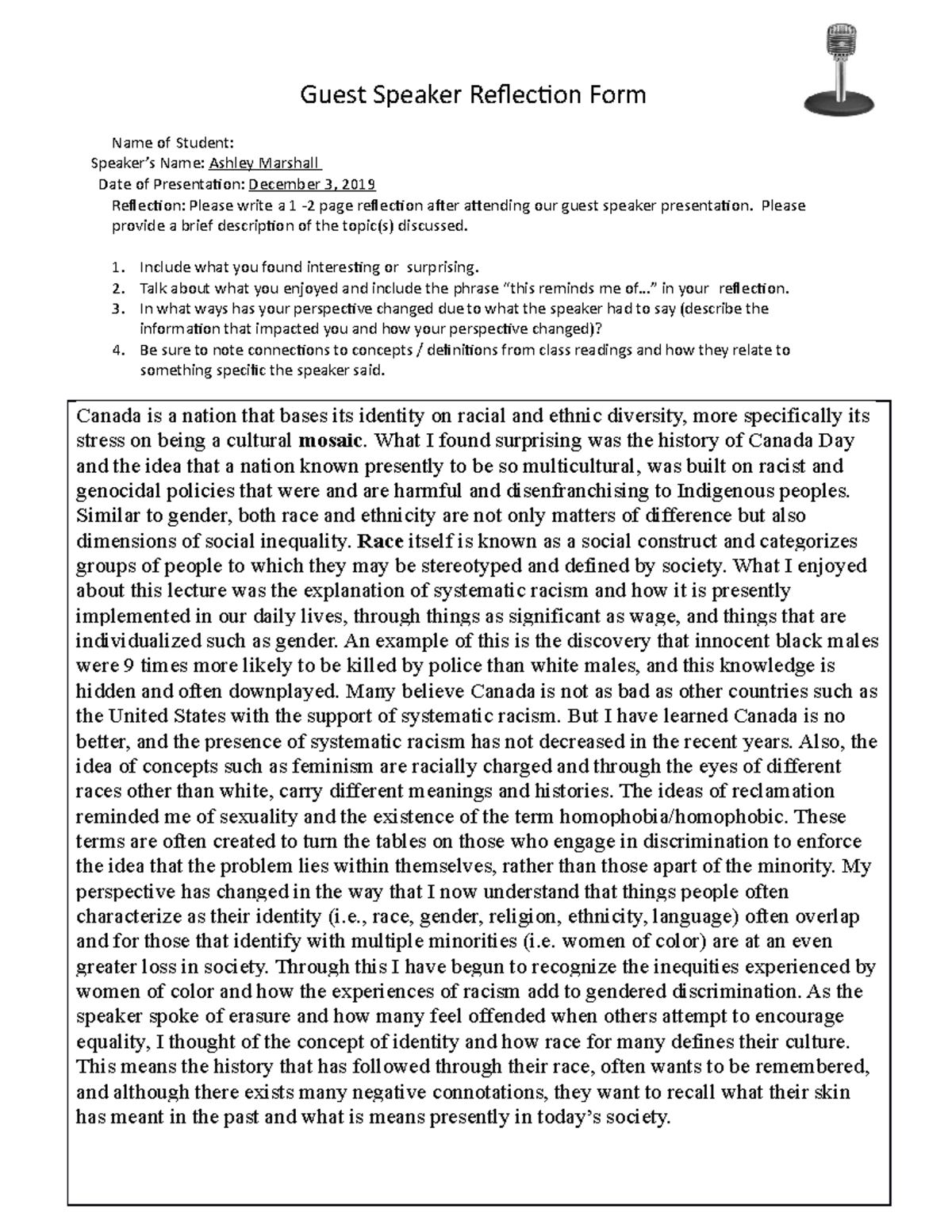 Guest Speaker Form - Guest Speaker Reflection Form Name of Student ...
