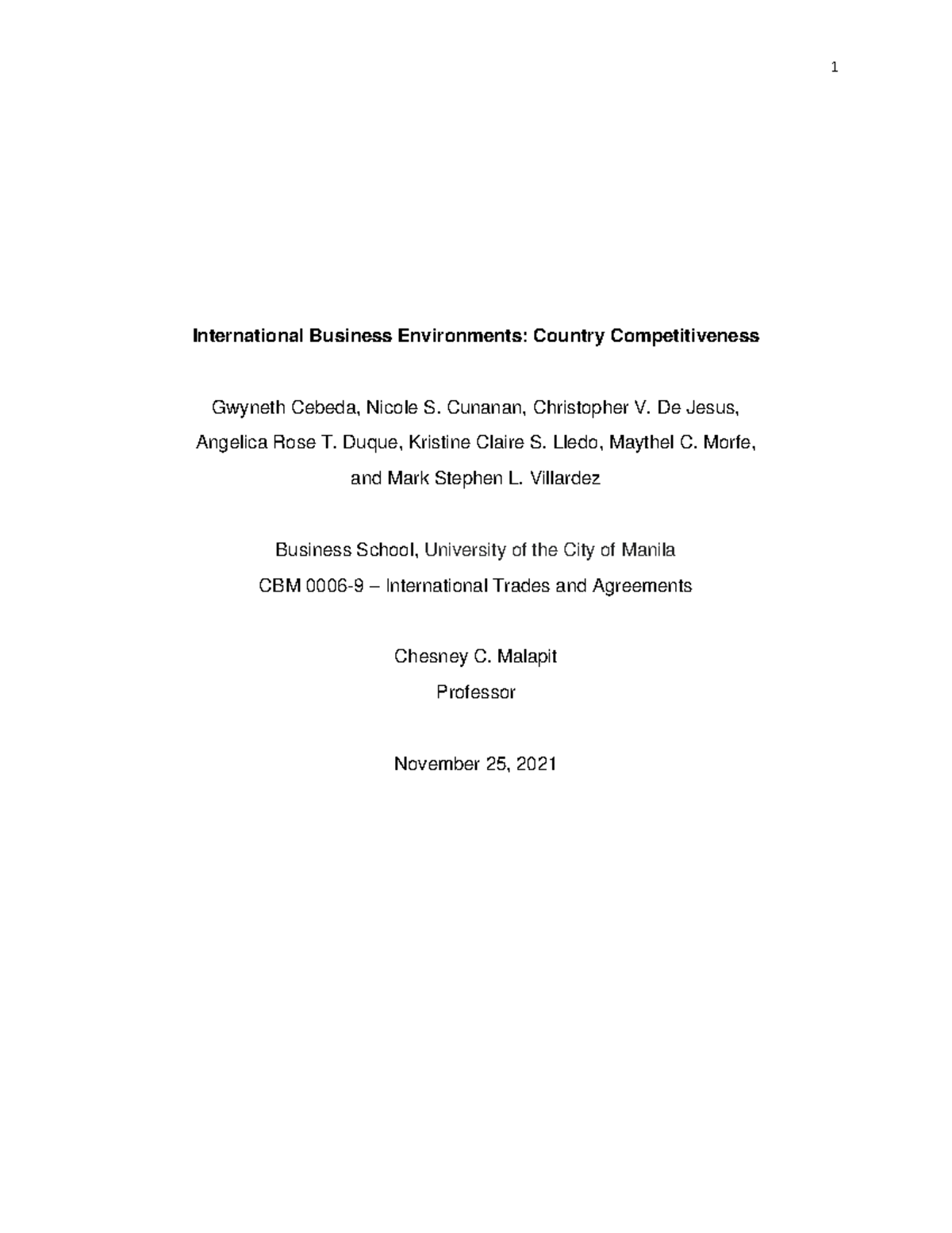 ( Written Report) International Business Environments Country ...