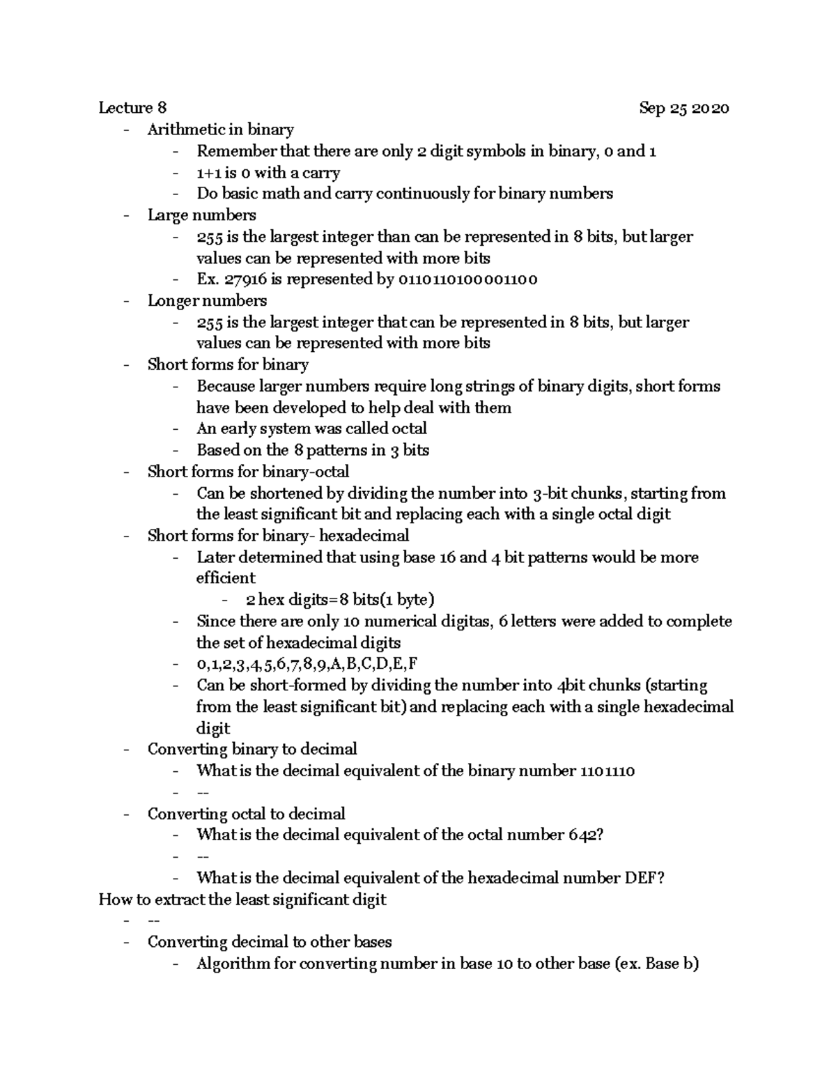 Cs Class 8 Lecture 8 Sep 25 2020 Arithmetic In Binary Remember
