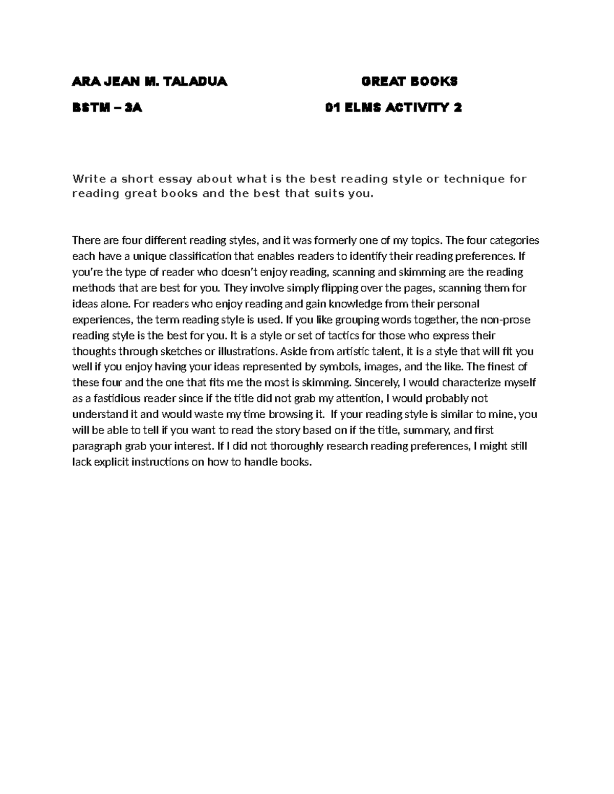 01 ELMS Activity 2 - QUIZ - ARA JEAN M. TALADUA GREAT BOOKS BSTM – 3A ...