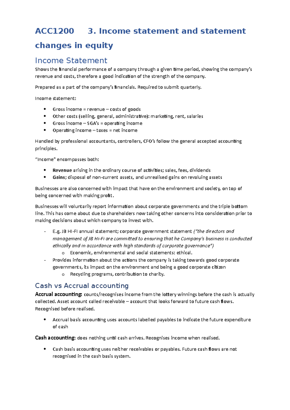 3. Income Statement - Lecture notes 3 - ACC1200 3. Income statement and ...