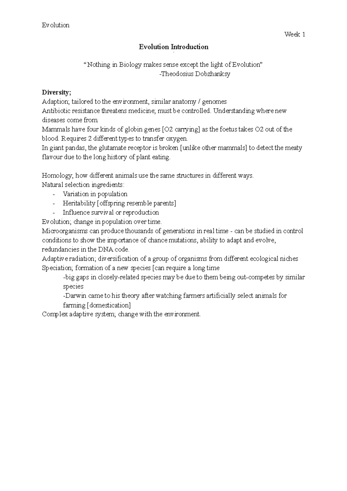 Evolution Introduction - week 1 - Evolution Week 1 Evolution ...