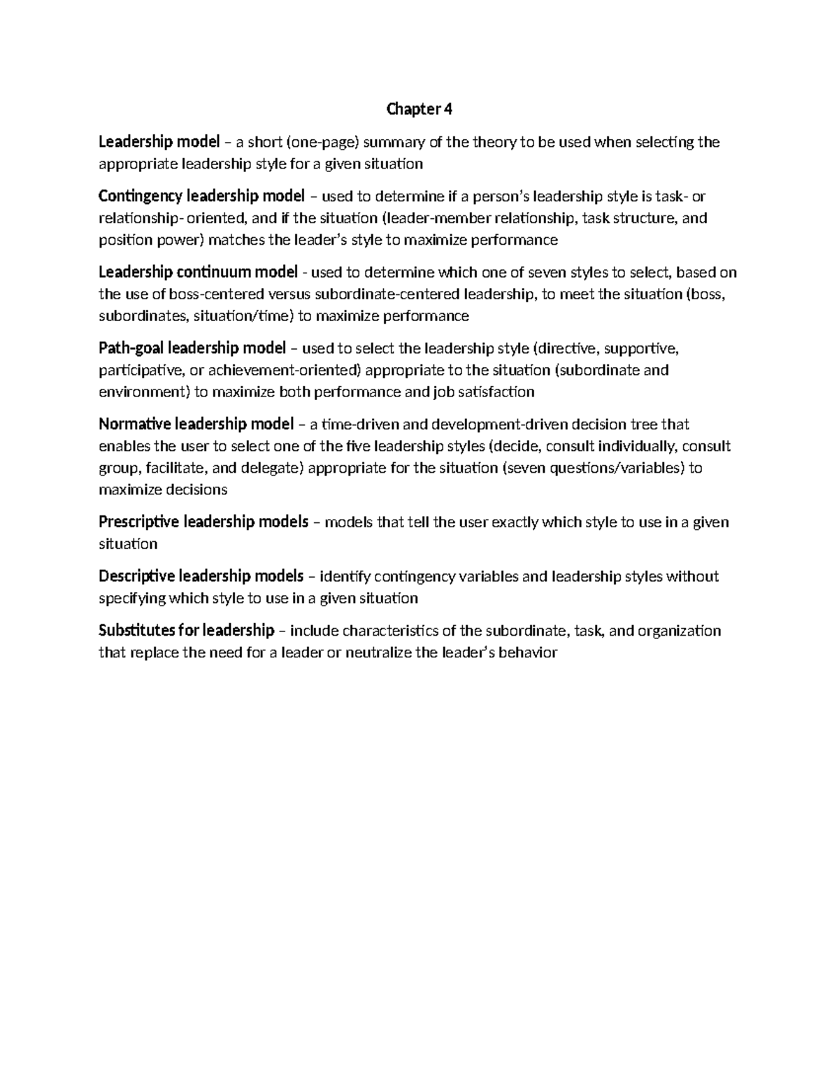 Chapter 4 - Book Notes - Chapter 4 Leadership model – a short (one-page ...