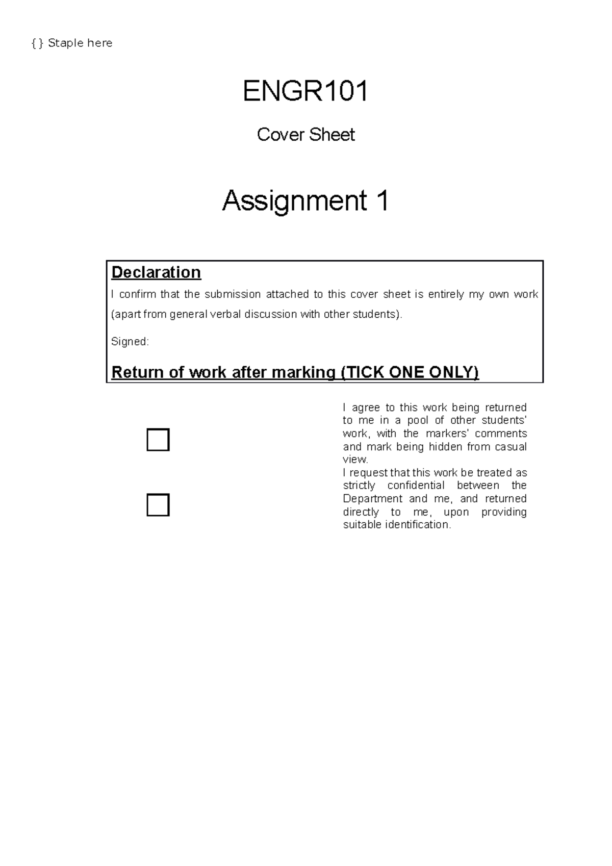 ENGR101 Assignment 1Assignment 1 - {} Staple here ENGR Cover Sheet ...