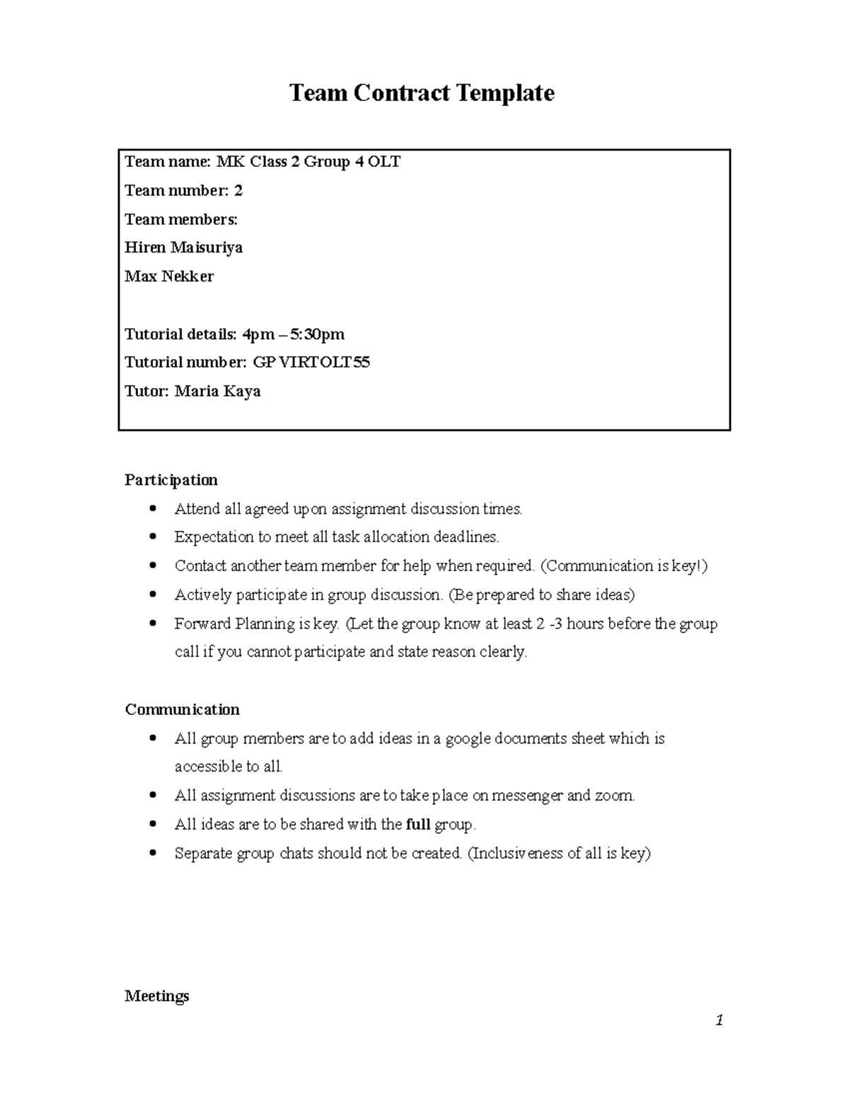 BSB399 Team Contract - Team Contract Template Team name: MK Class 2 ...