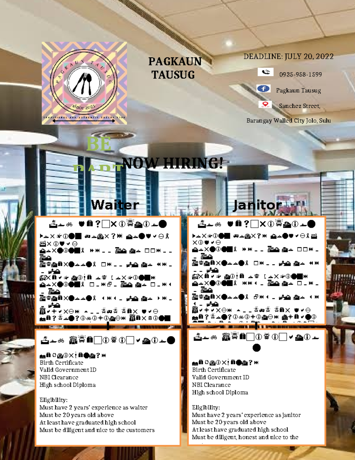 Staffing - Waiter Janitor DEADLINE: JULY 20, 2022 0935-958- Pagkaun ...