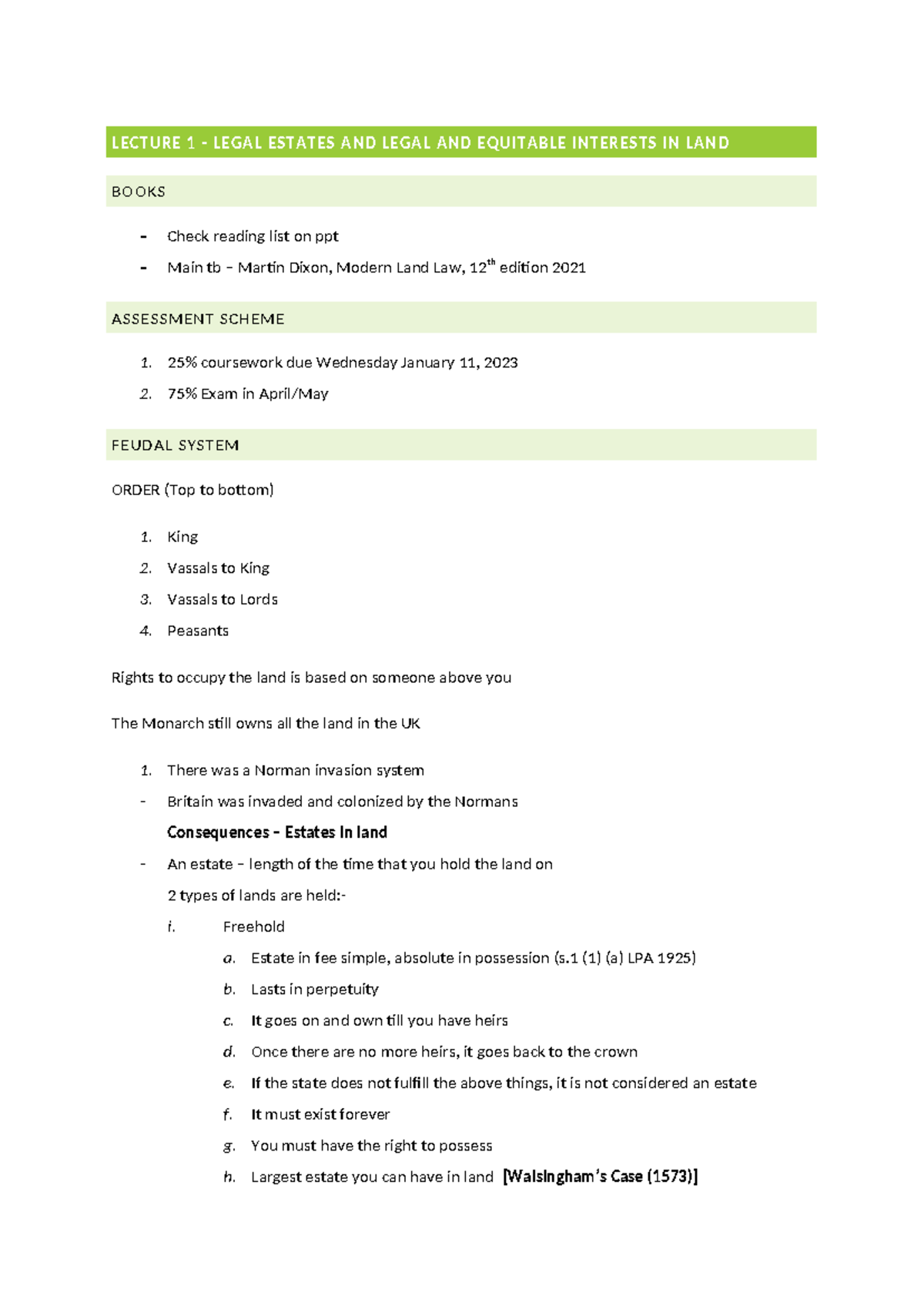 LEC notes + revision - LECTURE 1 - LEGAL ESTATES AND LEGAL AND ...