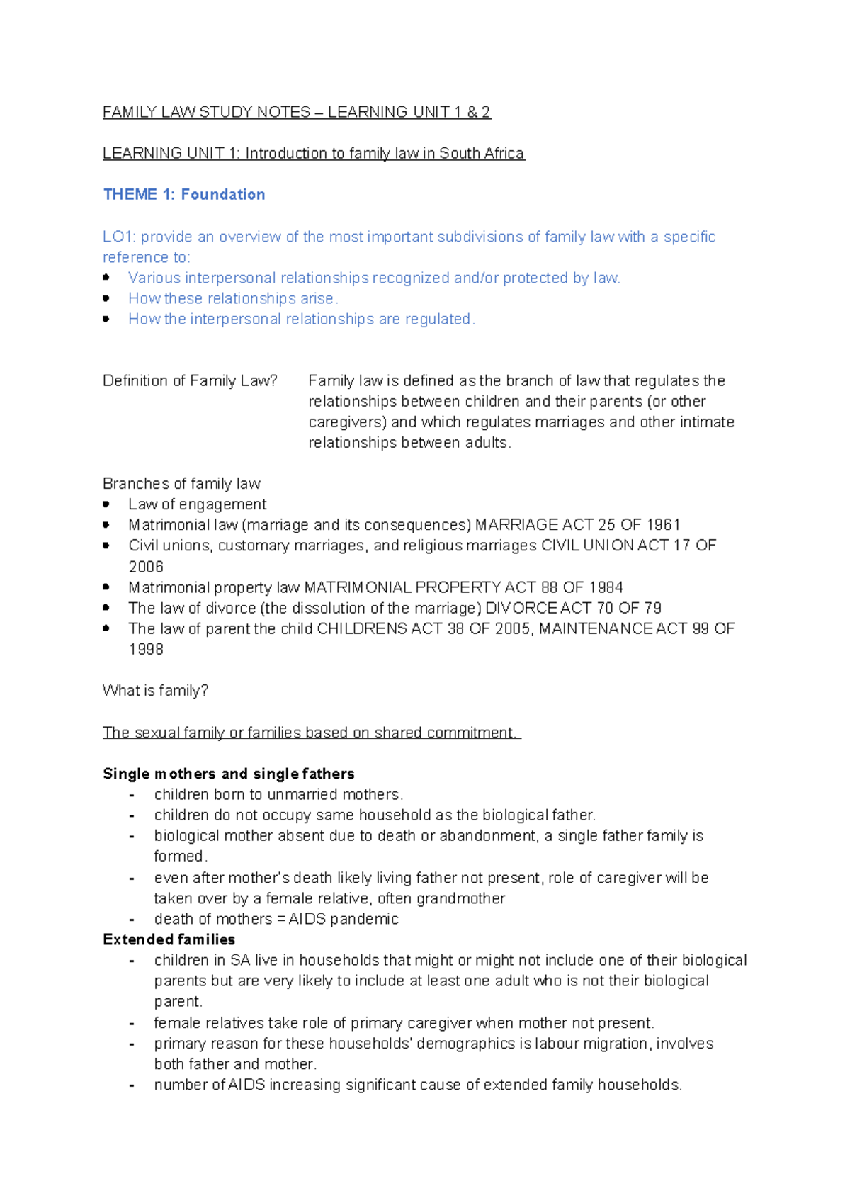 Learning unit 1&2 - Family law notes - FAMILY LAW STUDY NOTES ...