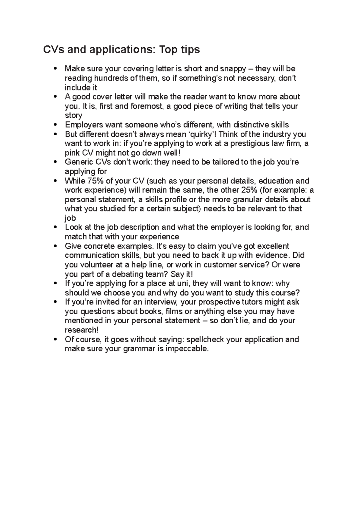 CV Top tips - sssssssss - CVs and applications: Top tips Make sure your ...