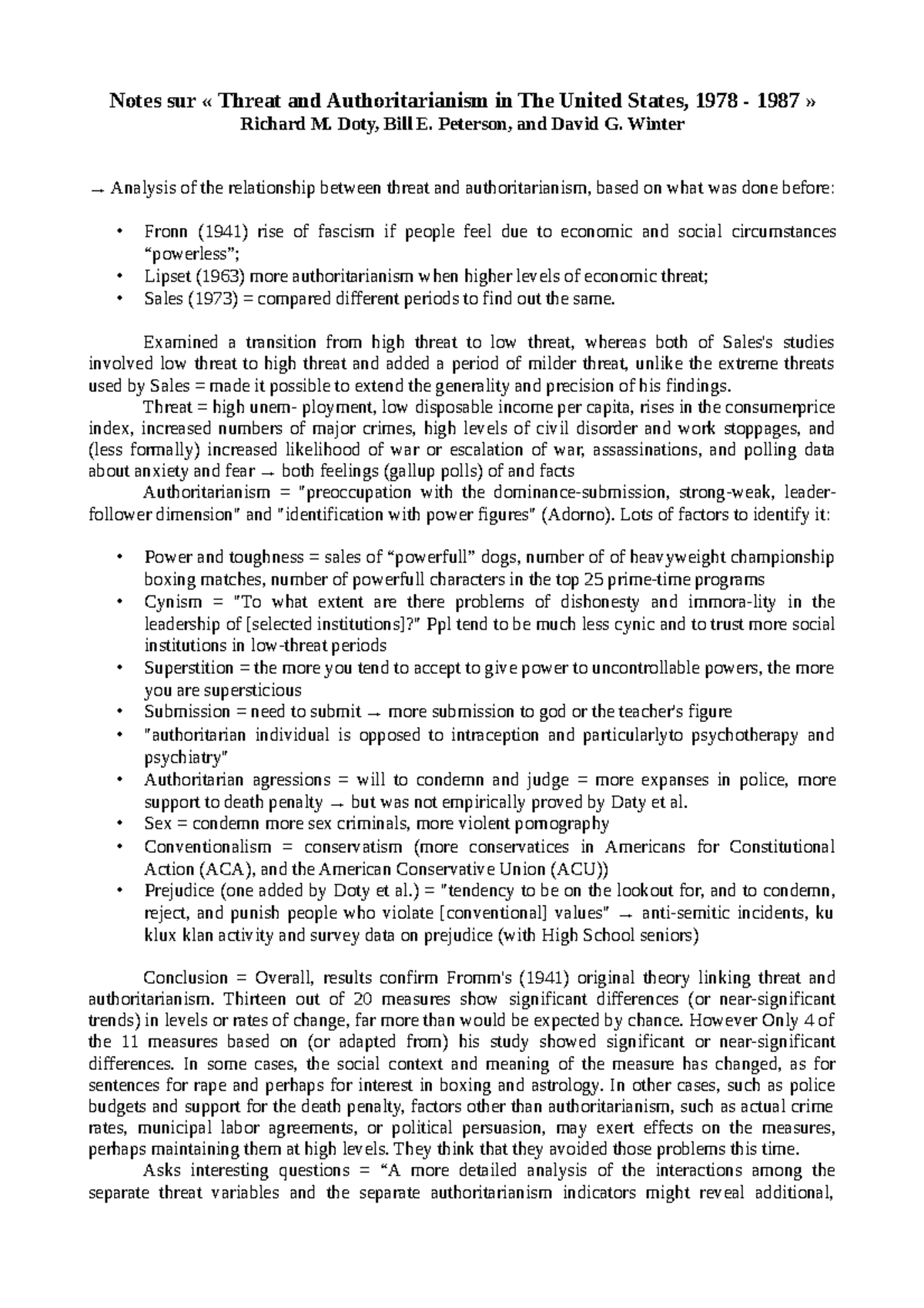 Notes doty et al - Notes sur Threat and Authoritarianism in The United ...
