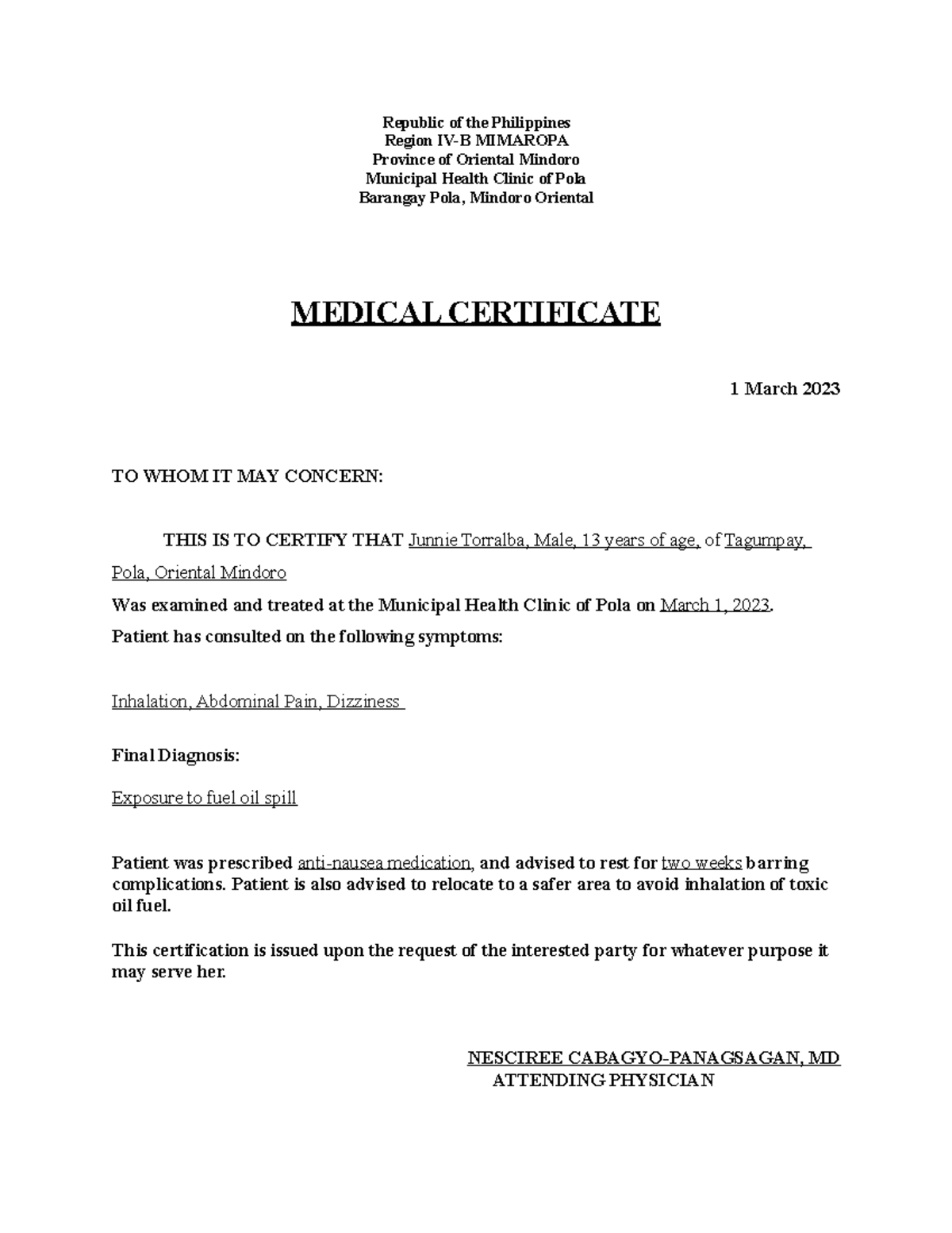 Medical Certificate Patient 1 - Republic of the Philippines Region IV-B ...