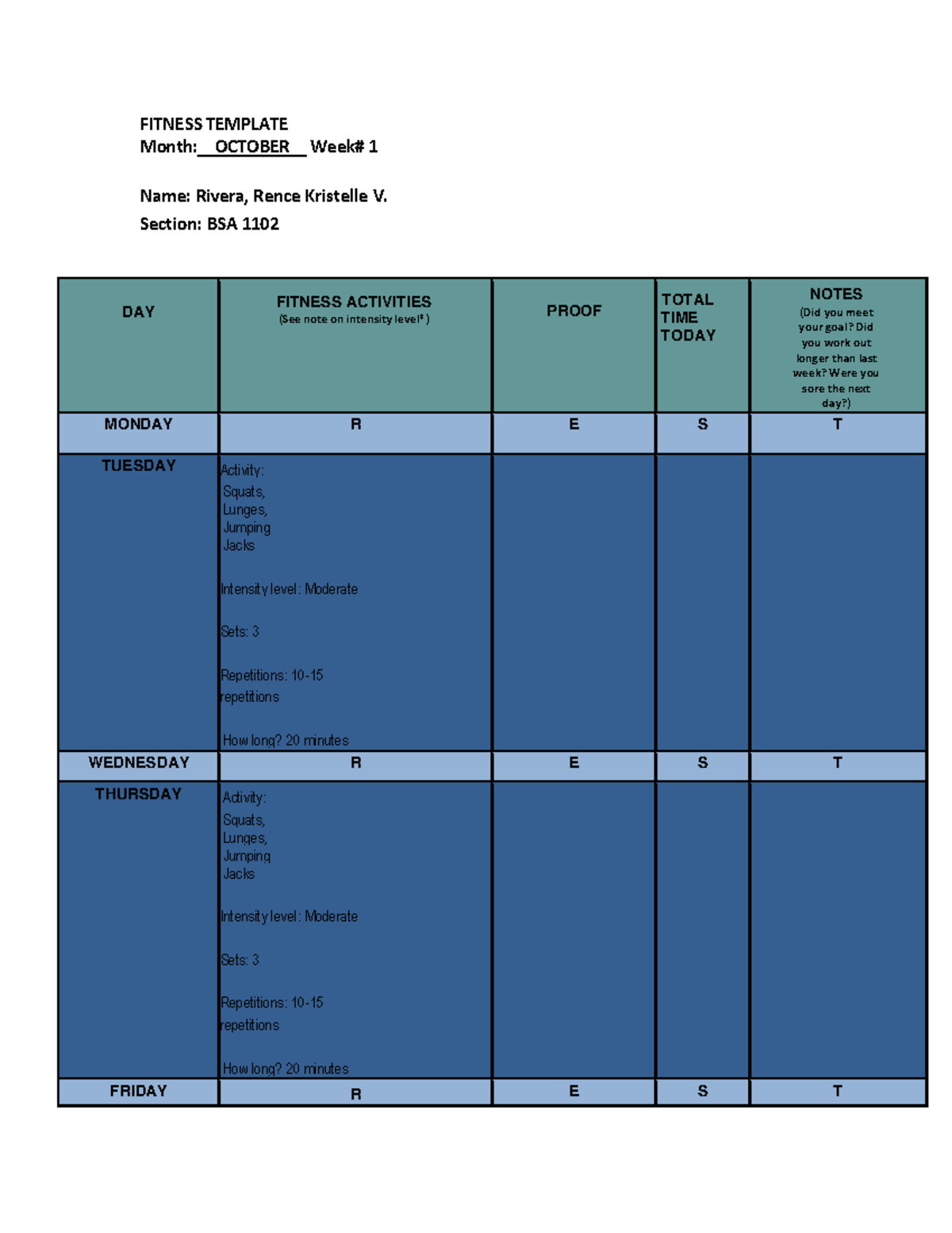 Fitness LOG WEEK 1- Rivera, RK-BSA 1102 - FITNESS TEMPLATE Month ...