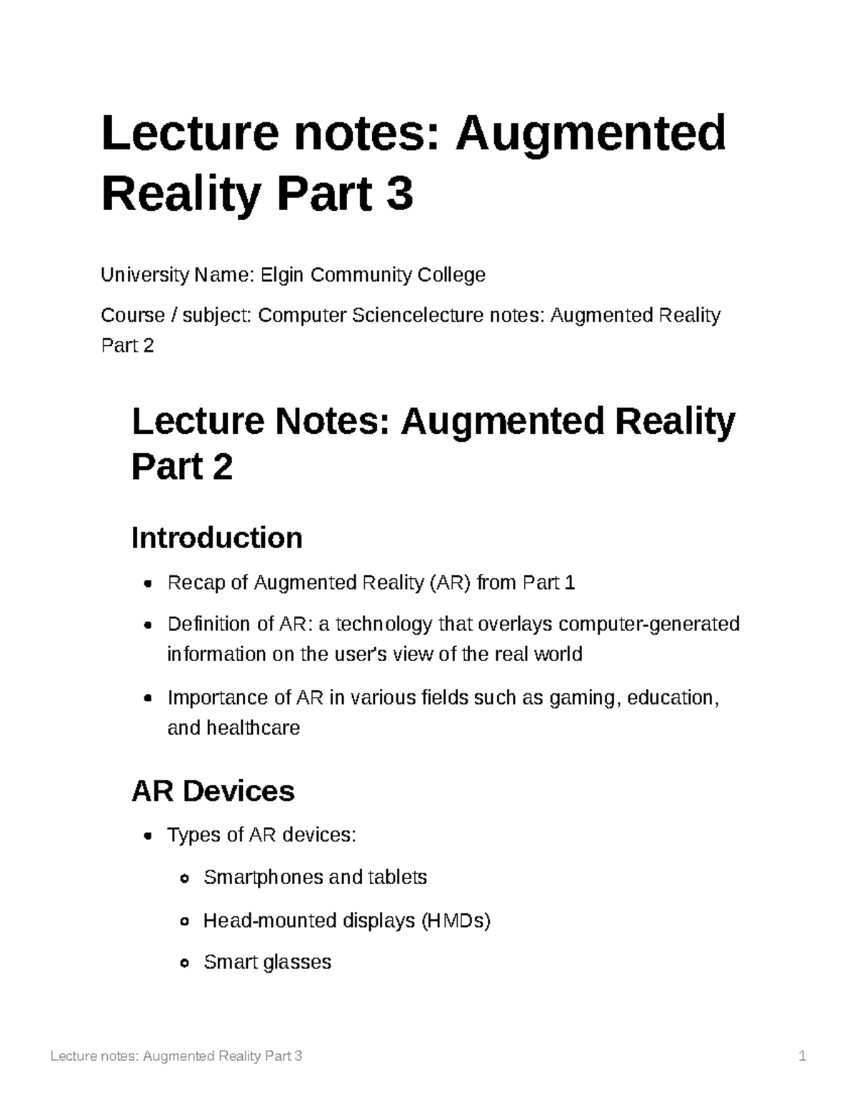 Lecture notes Augmented Reality Part 3 - Lecture notes: Augmented ...