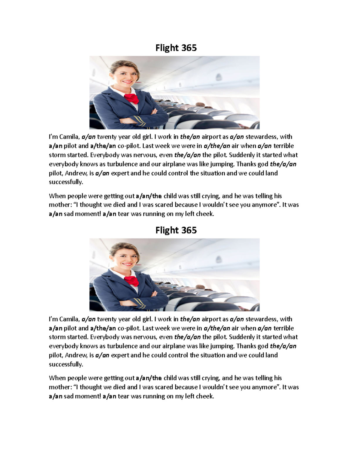 Indefinite article reading activity - Flight 365 I’m Camila, a/an ...