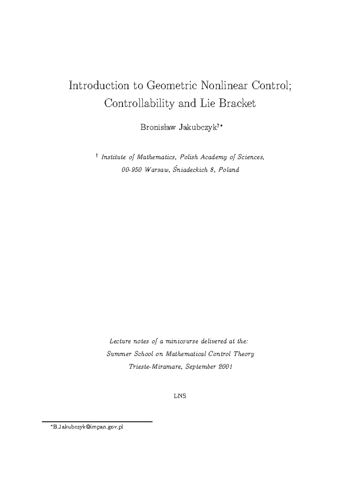 Geometric Nonlinear Control Controllability And Lie Bracket Jakubczyk Introduction To