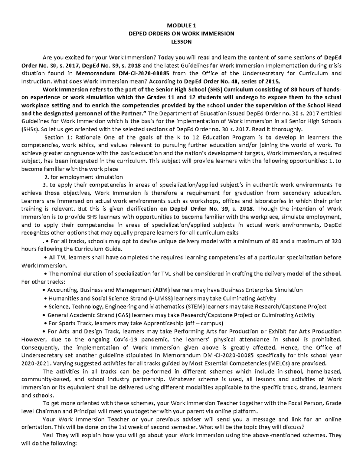 WORK- Immersion-FILE - Yes - MODULE 1 DEPED ORDERS ON WORK IMMERSION ...
