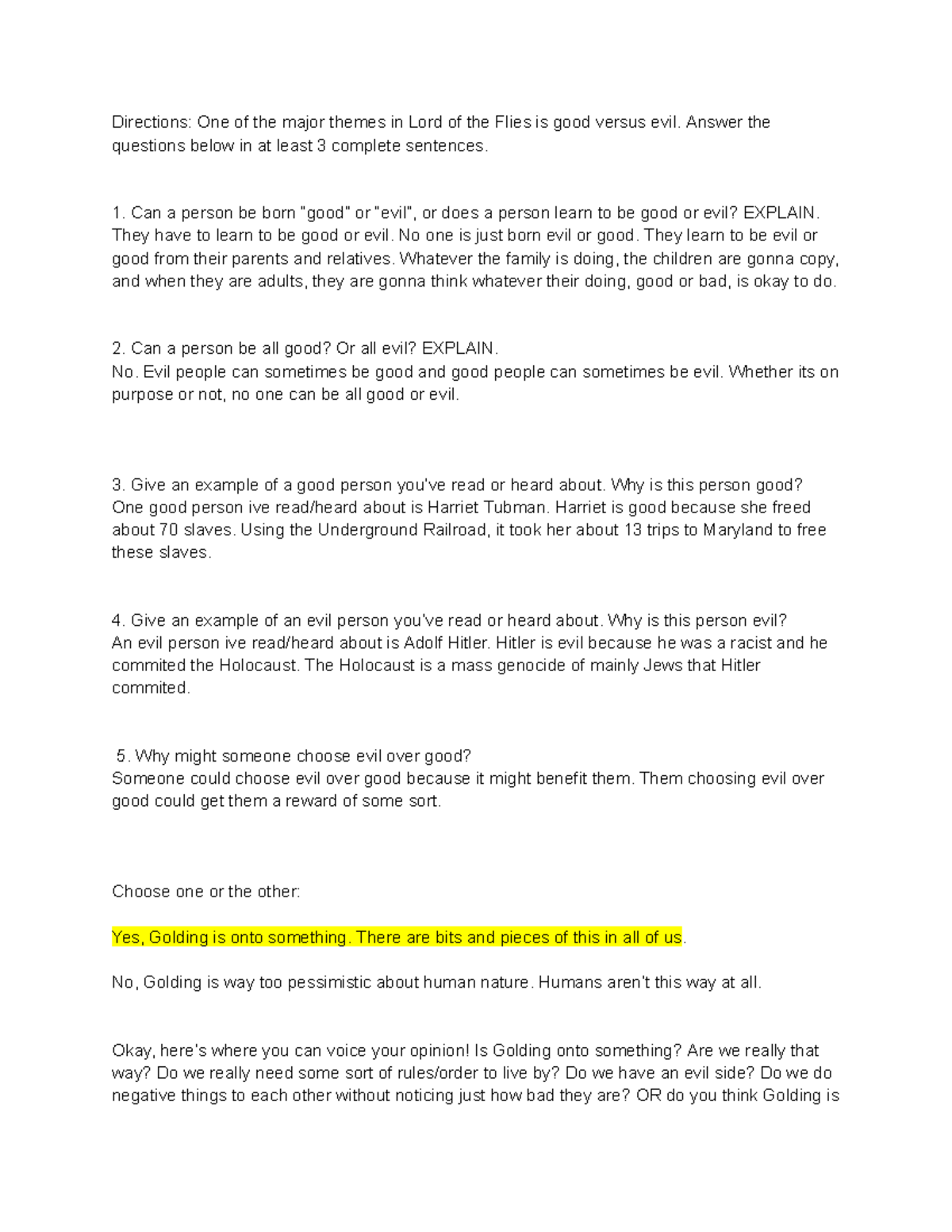 Copy of Good vs Evil Questions - Directions: One of the major themes in ...