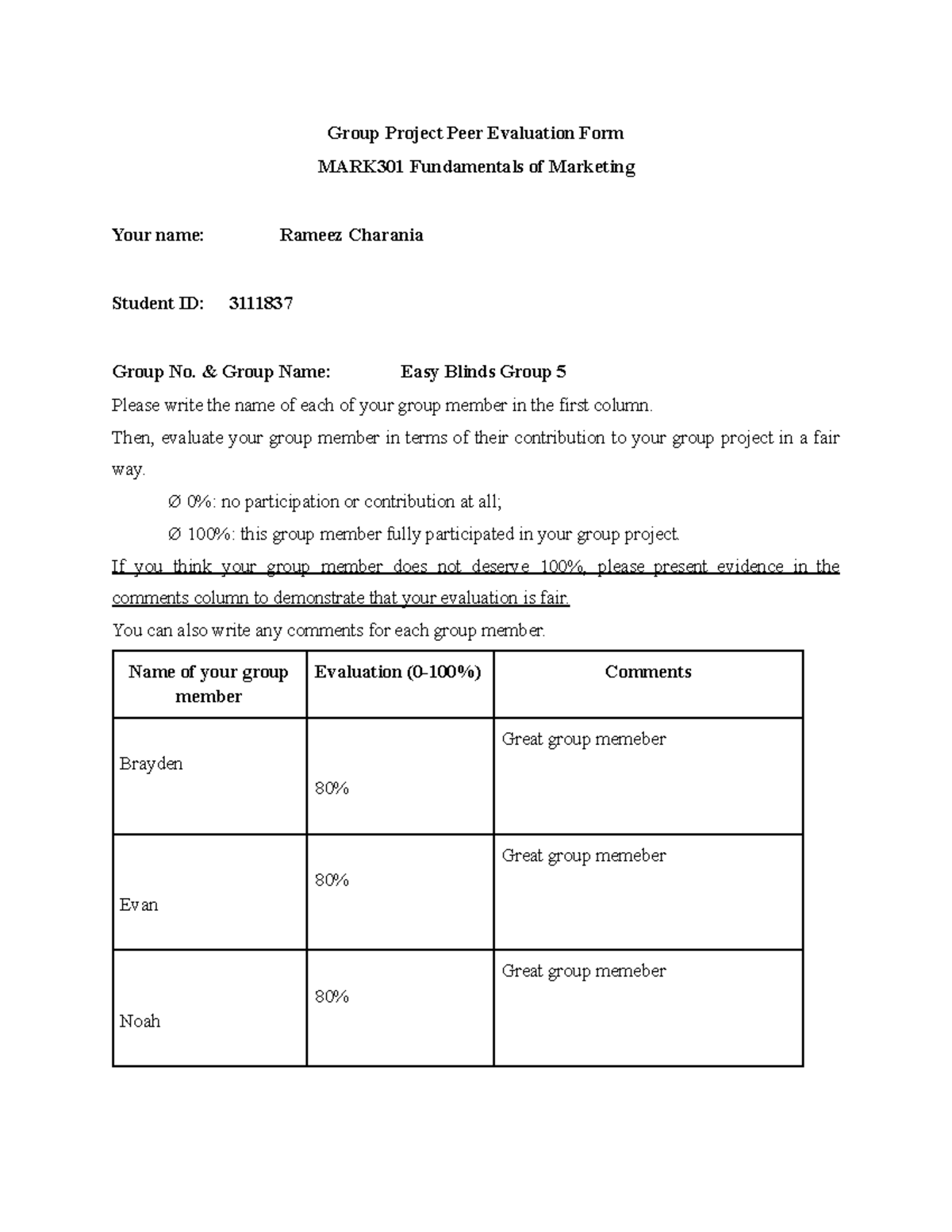 Form 999 - good basis form with outline - Group Project Peer Evaluation ...