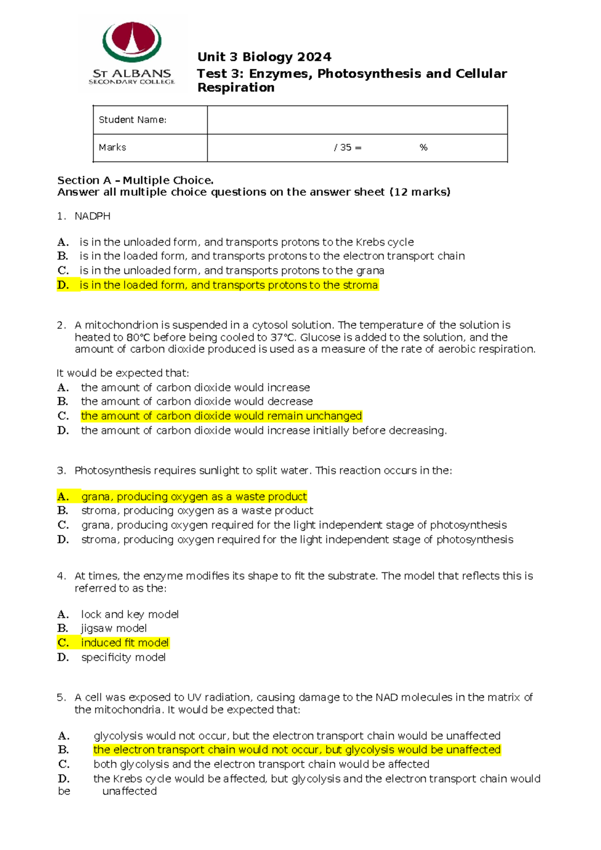 2024 enzymes, cr and ps test (answers) - Unit 3 Biology 2024 Test 3 ...