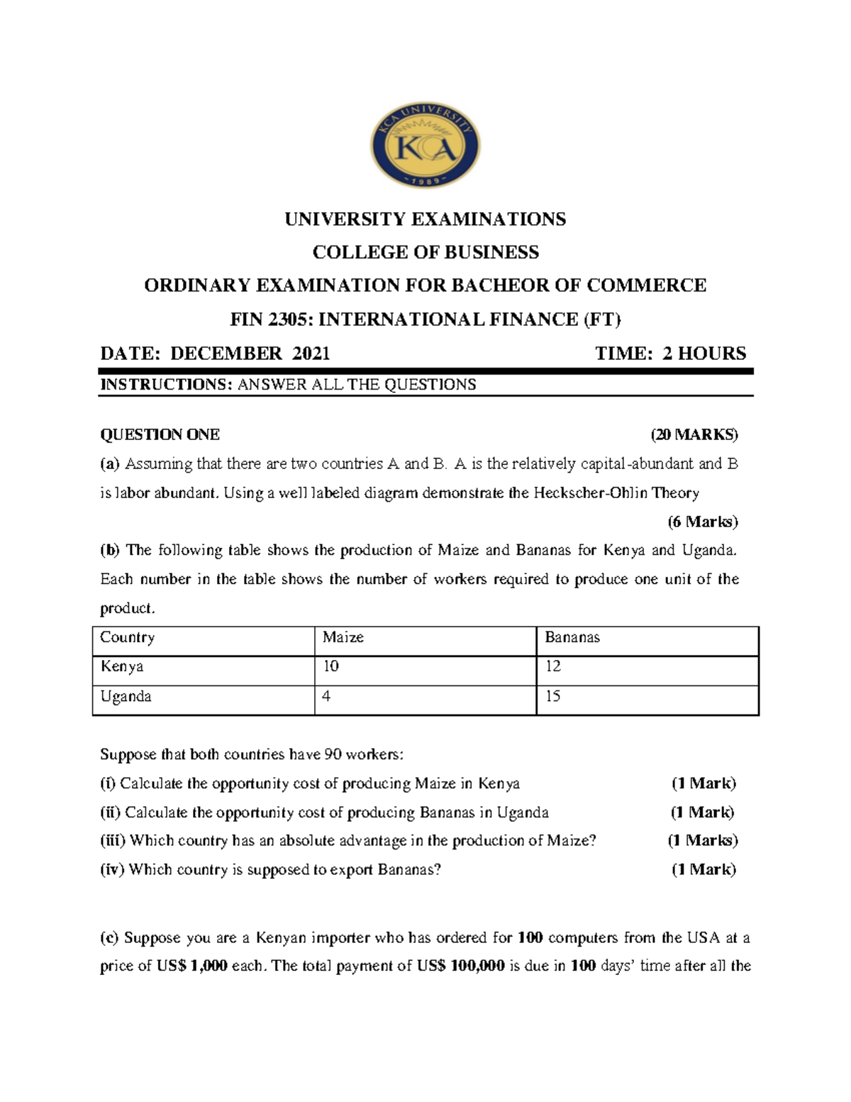 DEC 2021 FT - Amazing - UNIVERSITY EXAMINATIONS COLLEGE OF BUSINESS ...