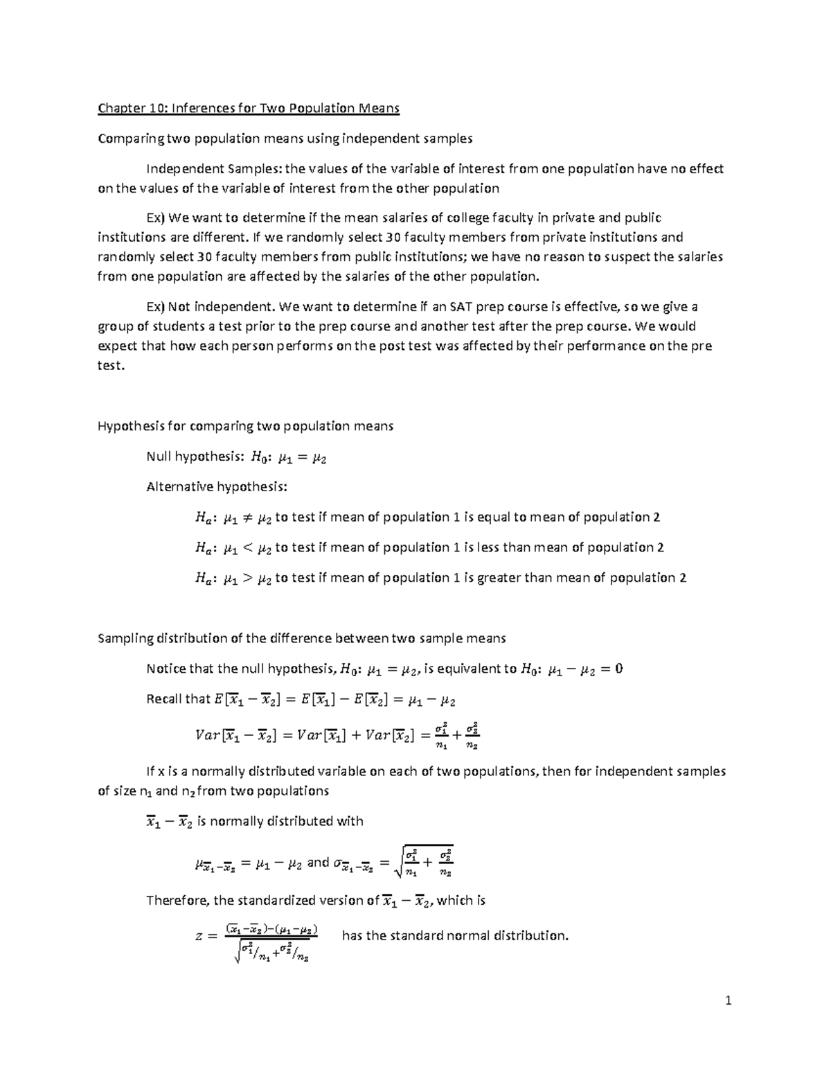 Chapter 10 Notes - Chapter 10: Inferences for Two Population Means ...