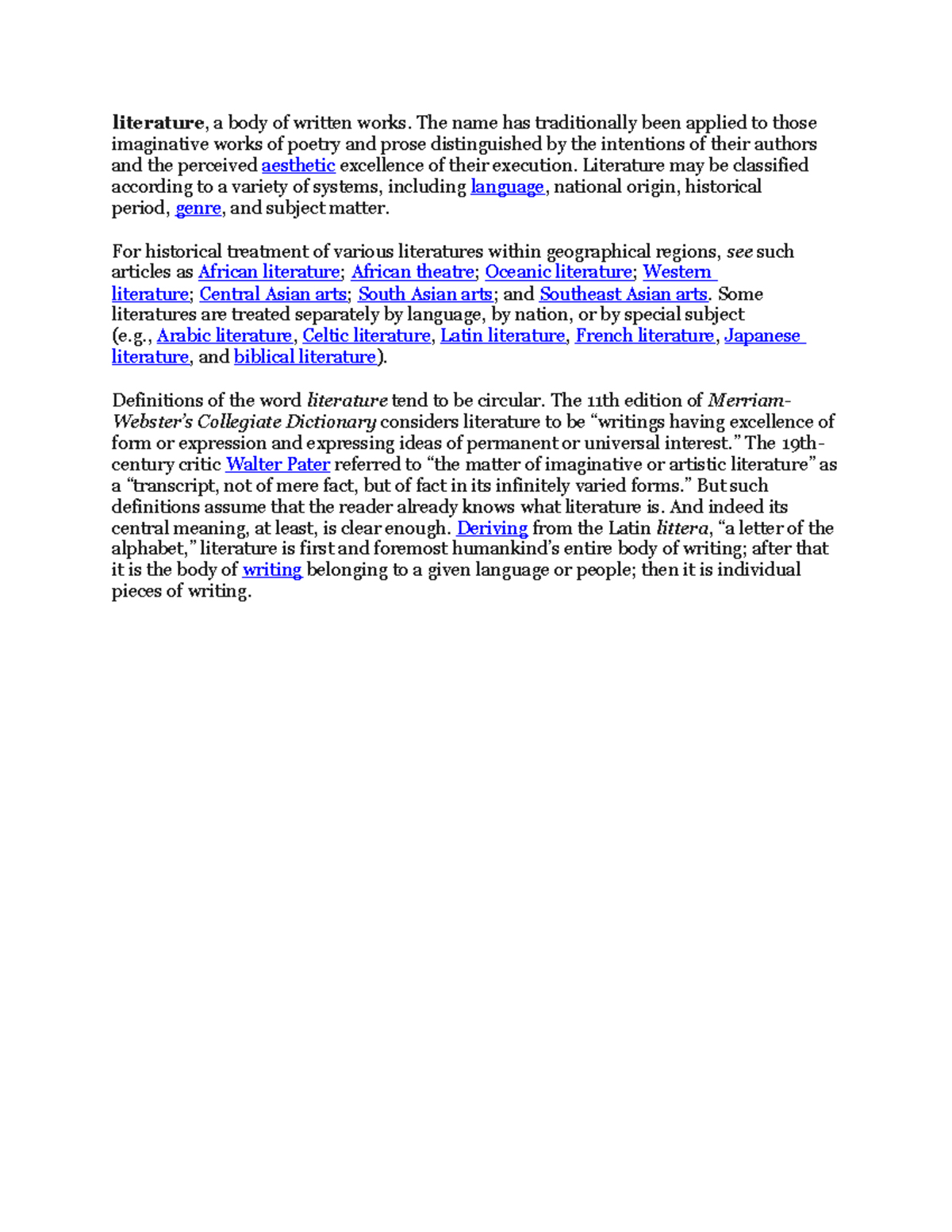 Lit 3 - notes - literature, a body of written works. The name has ...