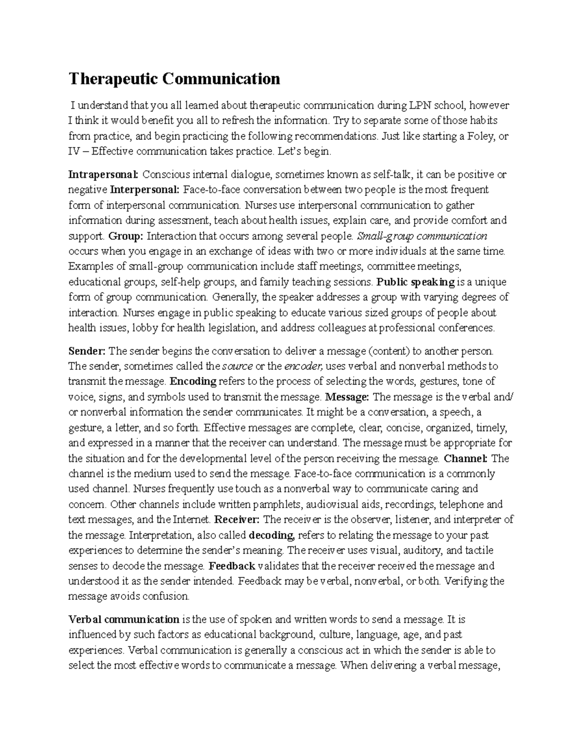 5) Therapeutic Communication notes - Therapeutic Communication I ...