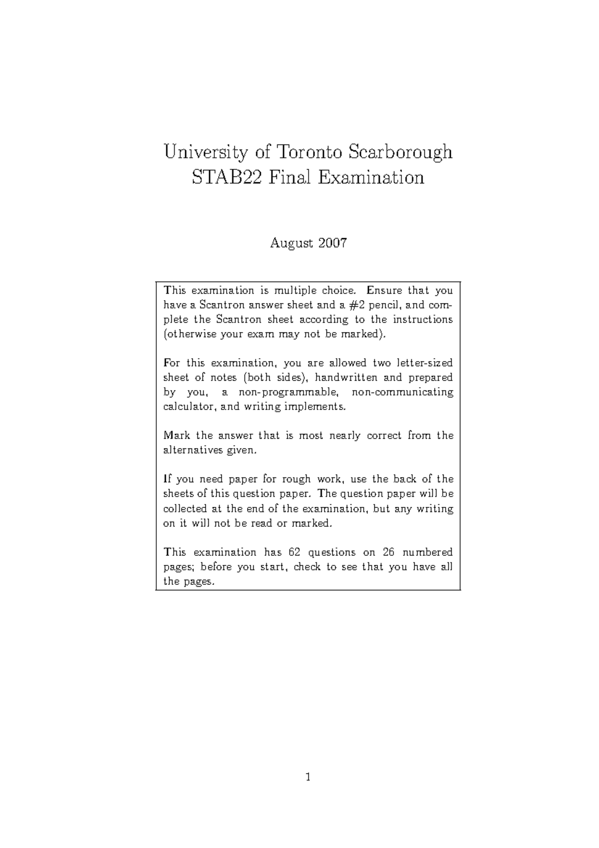F2007 s - Exercise - University of Toronto Scarborough STAB22 Final ...