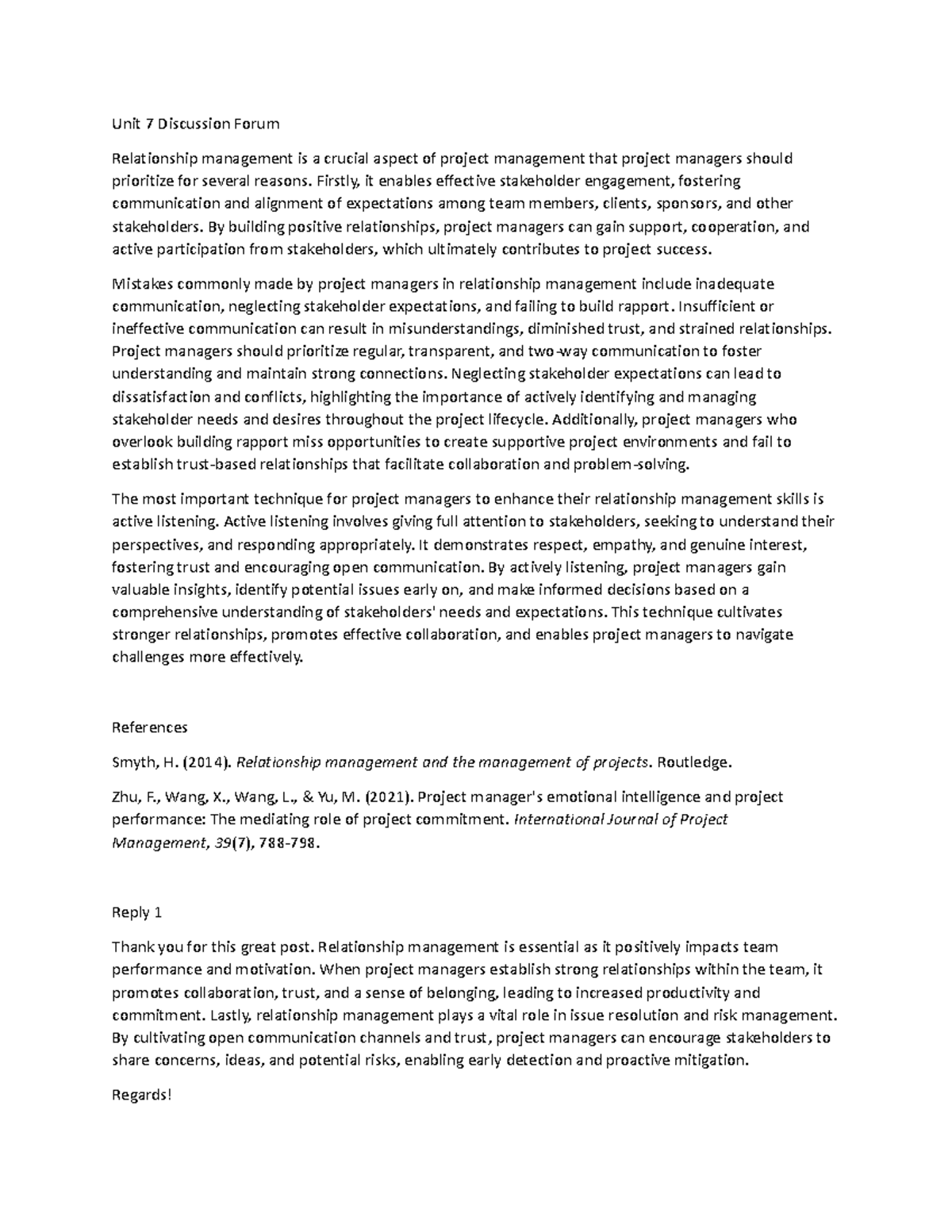 Unit 7 Discussion Forum Unit 7 Discussion Forum Rela琀椀onship Management Is A Crucial Aspect Of 