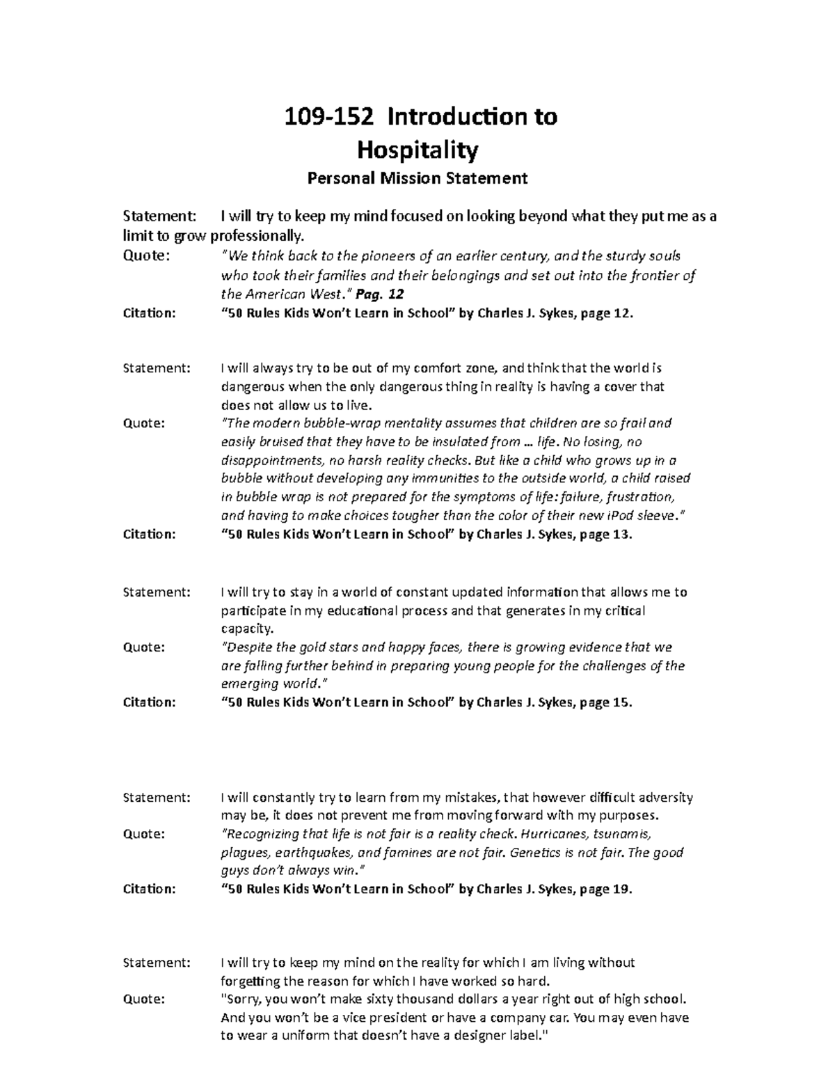 Exercise - Gonzalo Personal Mission Statement - 109-152 Introduction to ...