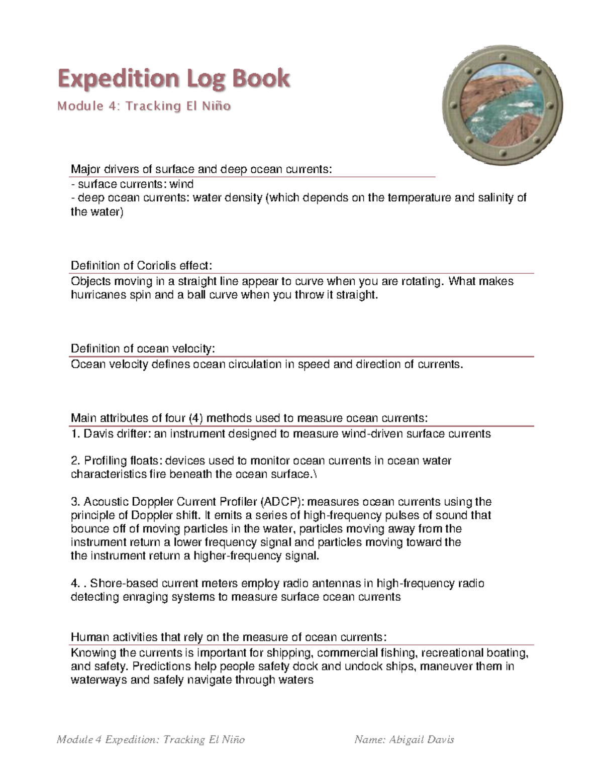 Log Book 4- Abigail Davis - Expedition Log Book Module 4 : Tracking El ...