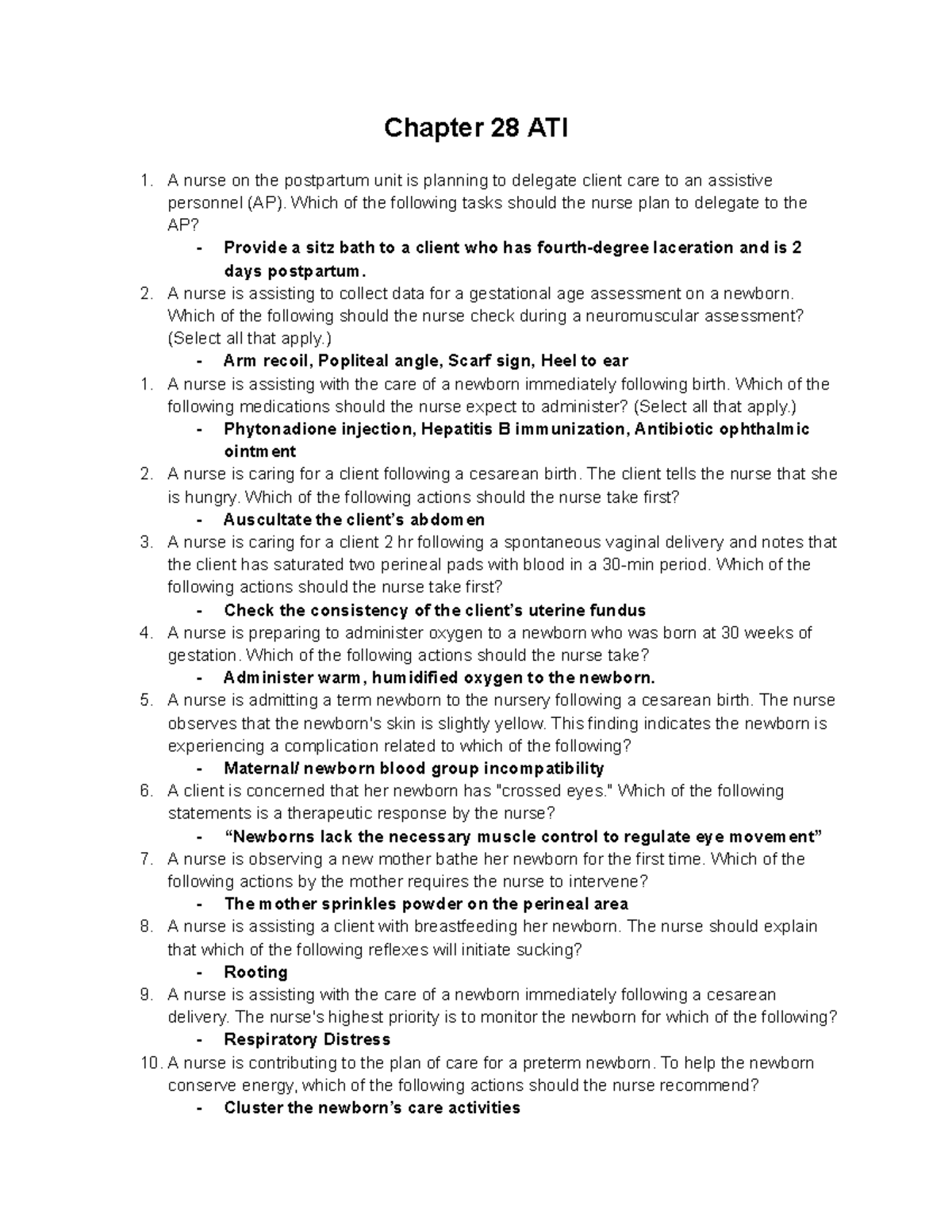 Chapter 28 - Notes - Chapter 28 ATI A nurse on the postpartum unit is ...