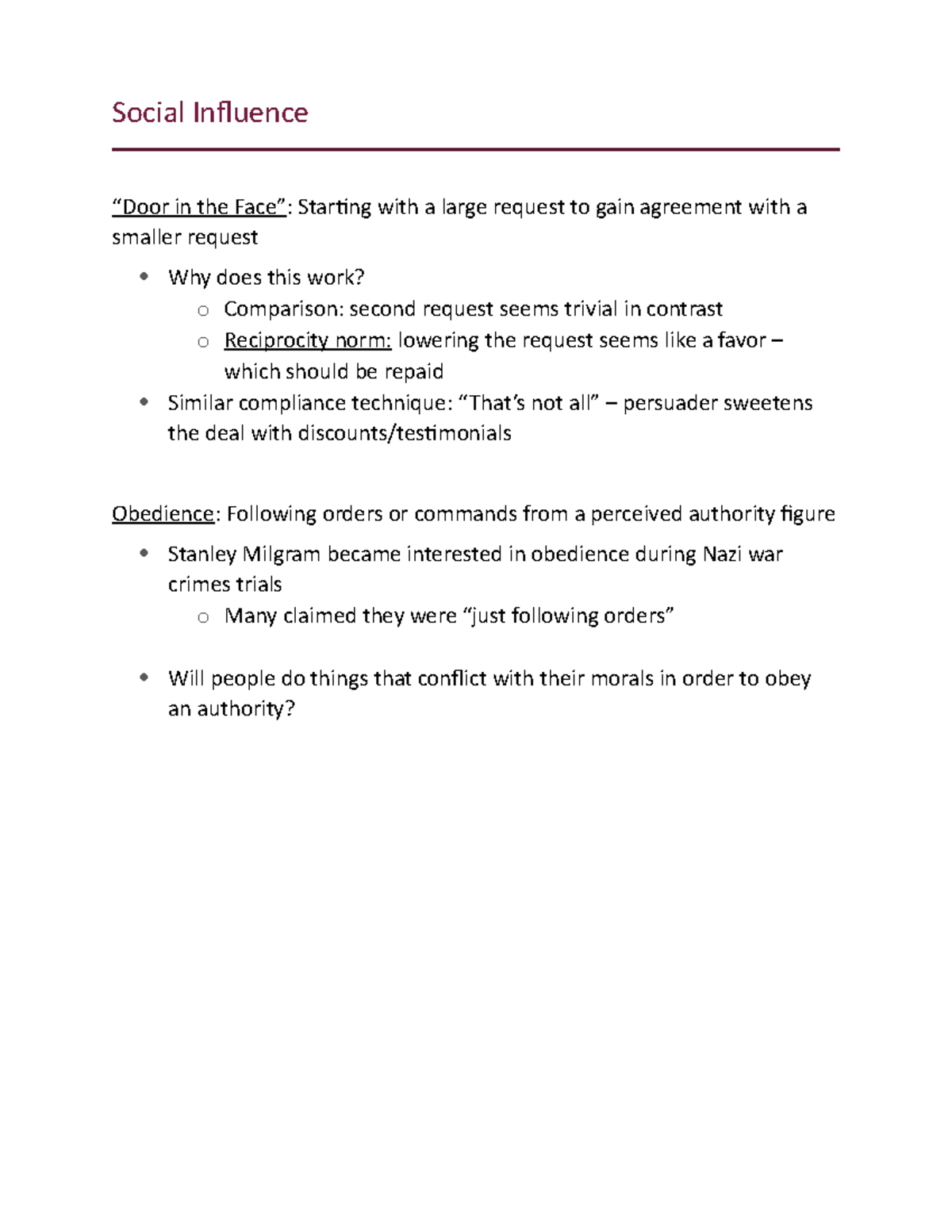 Social Influence - Notes - Social Influence “Door in the Face ...