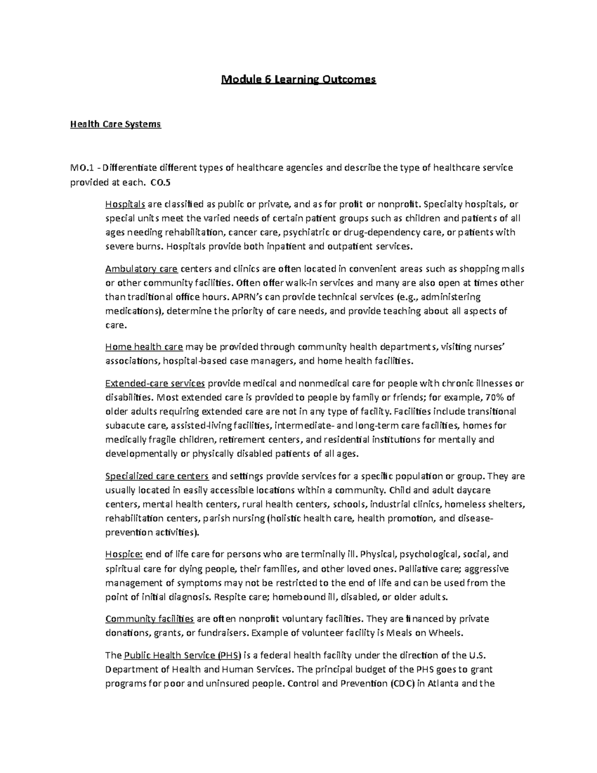 Module 6 Outcomes - Notes - Module 6 Learning Outcomes Health Care ...