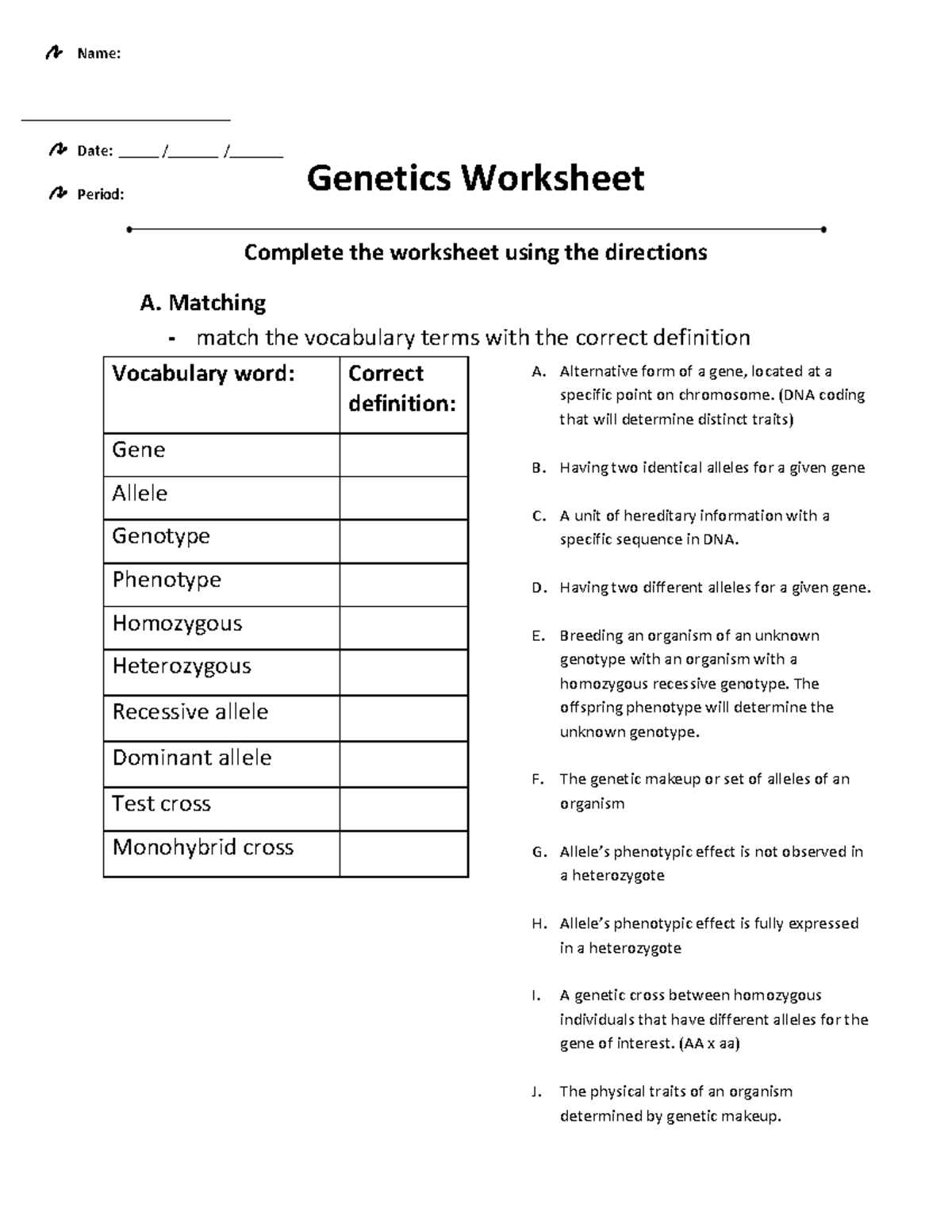 Introductionto Genetics Worksheet - Genetics Worksheet Complete the ...