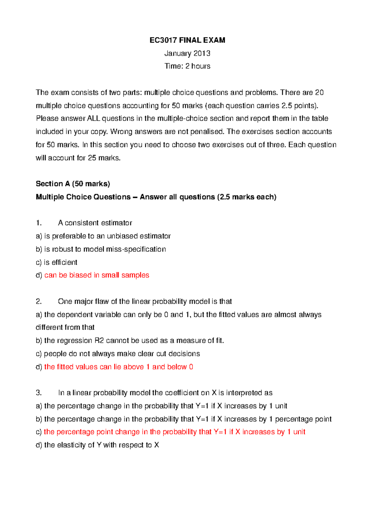 Exam January 2013, questions and answers - EC3017 FINAL EXAM January 2013 Time: 2 hours The exam ...