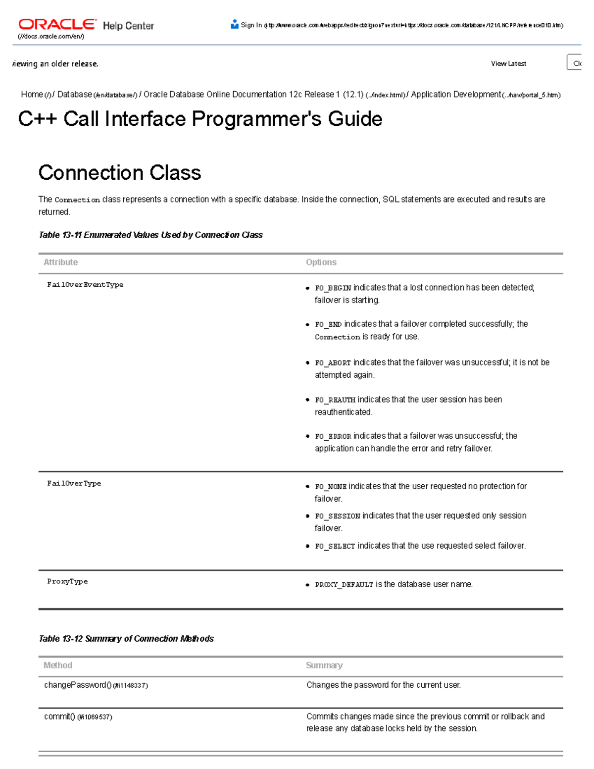 Connection Class Home Database Endatabase Oracle Database Online Documentation
