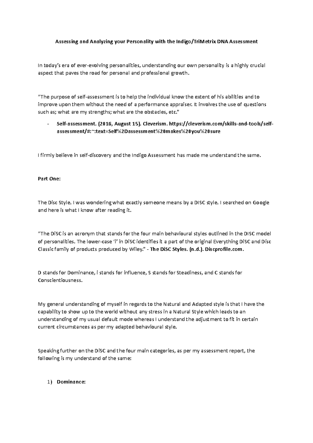 Assessing and Analyzing my Personality with the Indigo - Assessing and ...