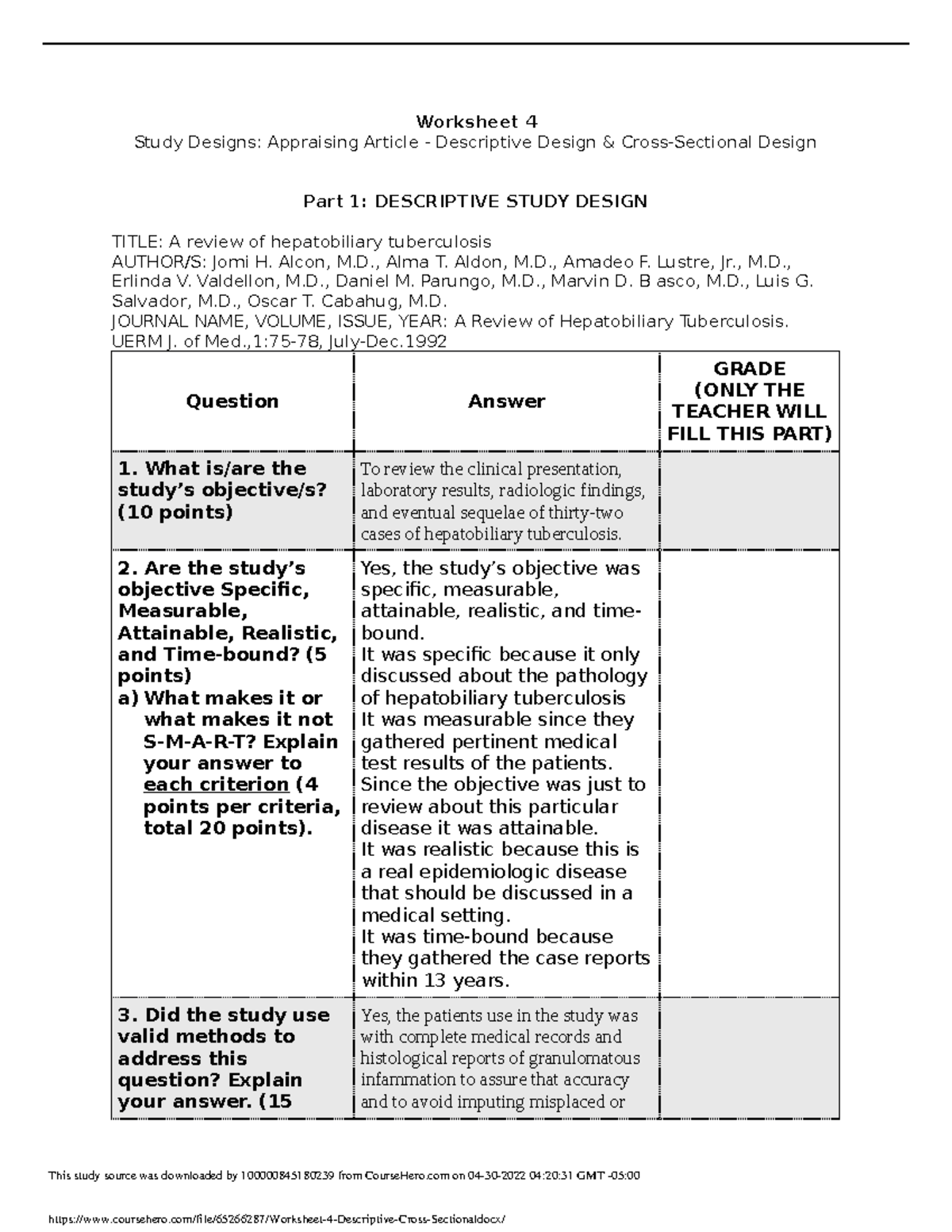 Worksheet 4 Descriptive Cross Sectional - Worksheet 4 Study Designs ...