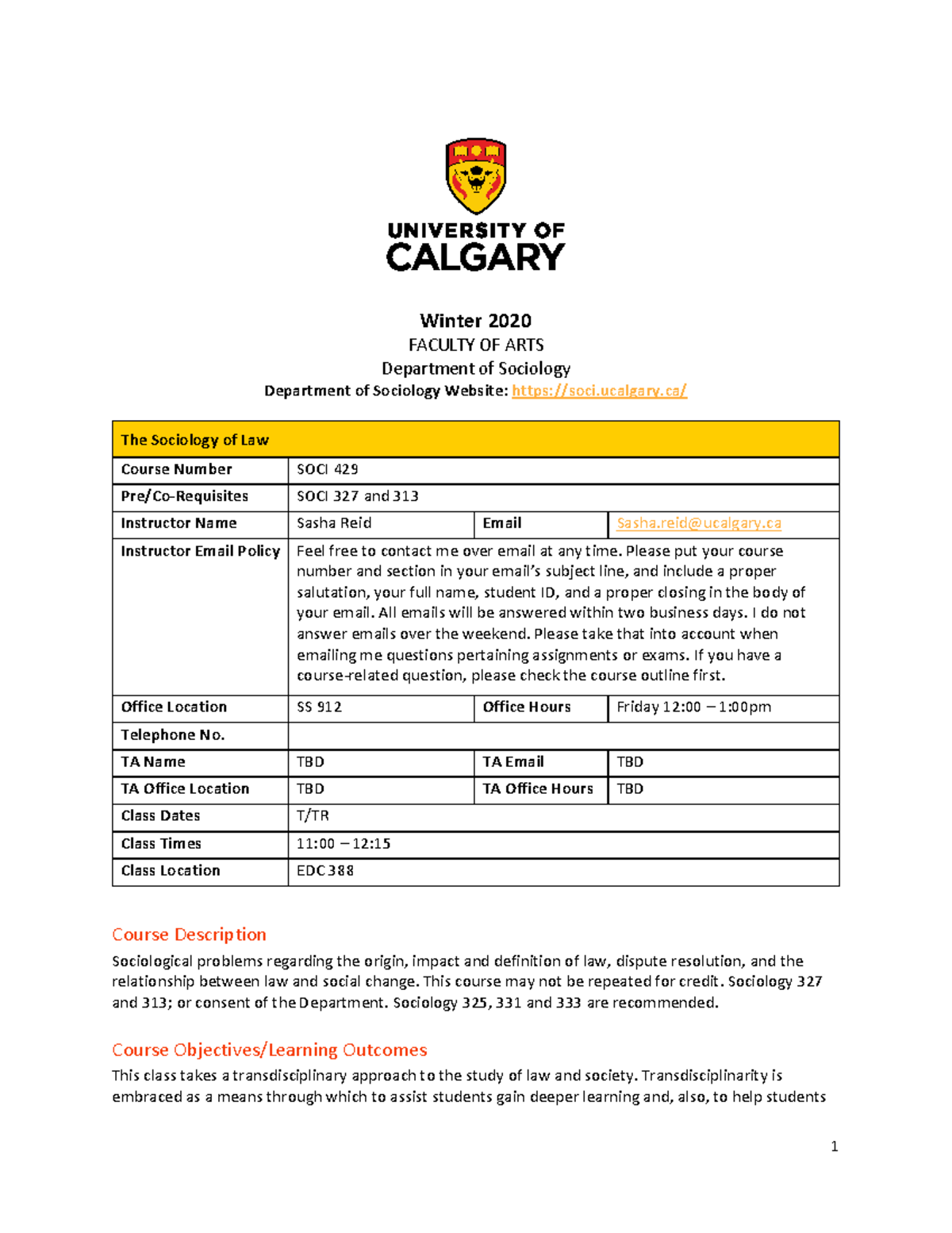 SOCI429 Reid W2020 Course+Outline+V2 - Warning: TT: undefined function: 32 Winter 2020 FACULTY ...