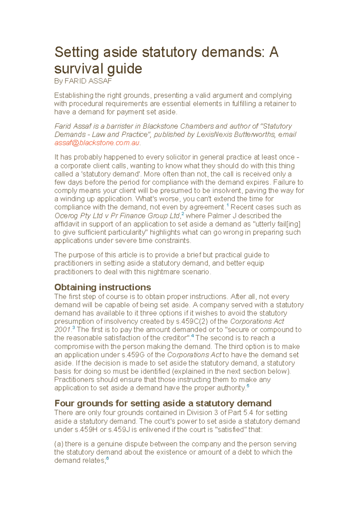 Setting aside statutory demands - Farid Assaf is a barrister in ...